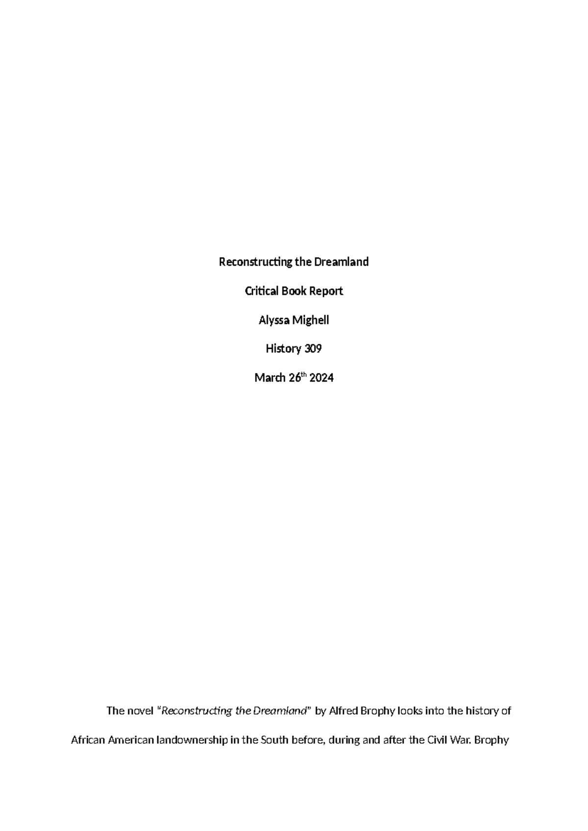 Book report history 309 - Reconstructing the Dreamland Critical Book ...