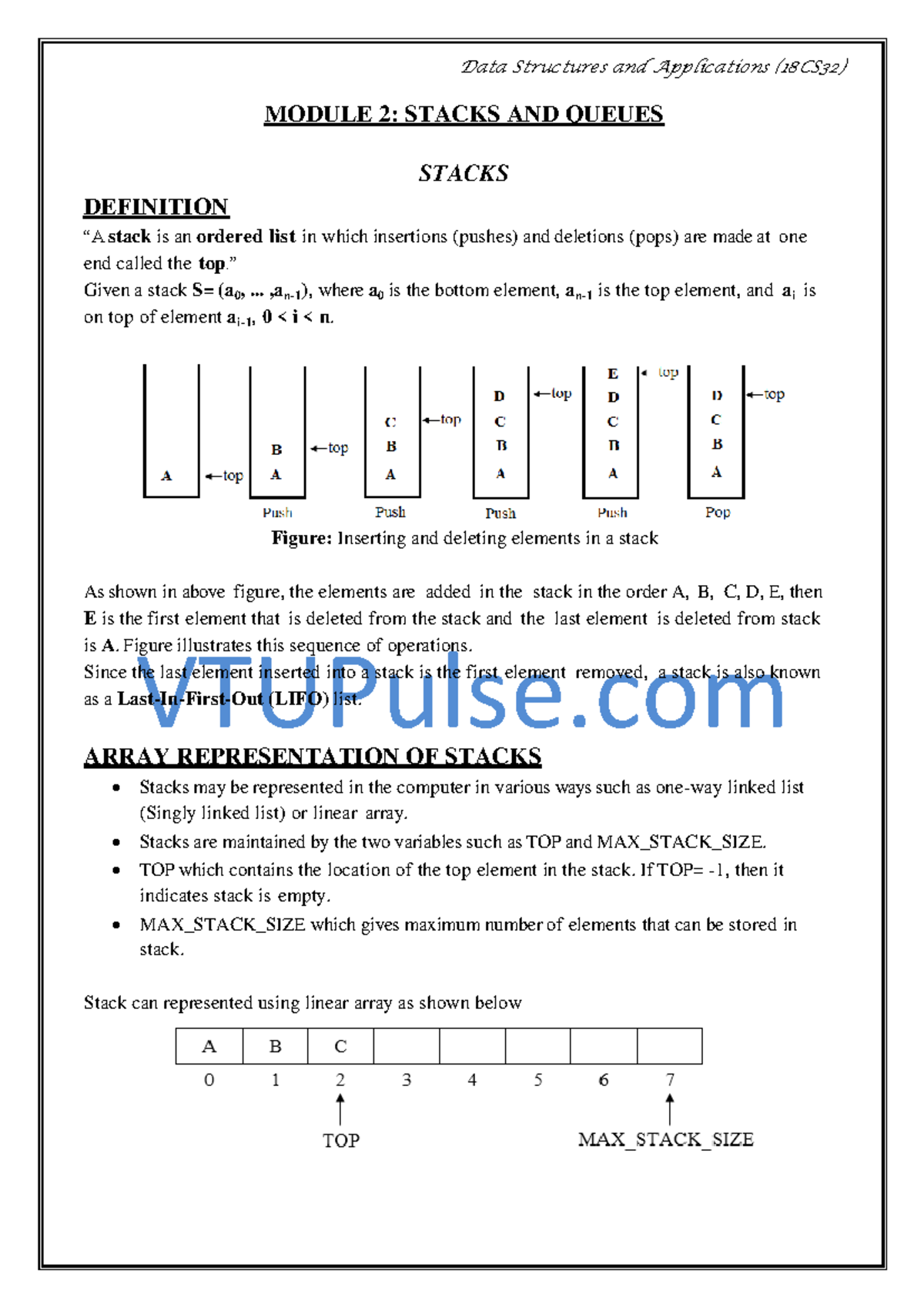 Module 2 Dsa Notes Vtupulse Module 2 Stacks And Queues Stacks Definition “a Stack Is An