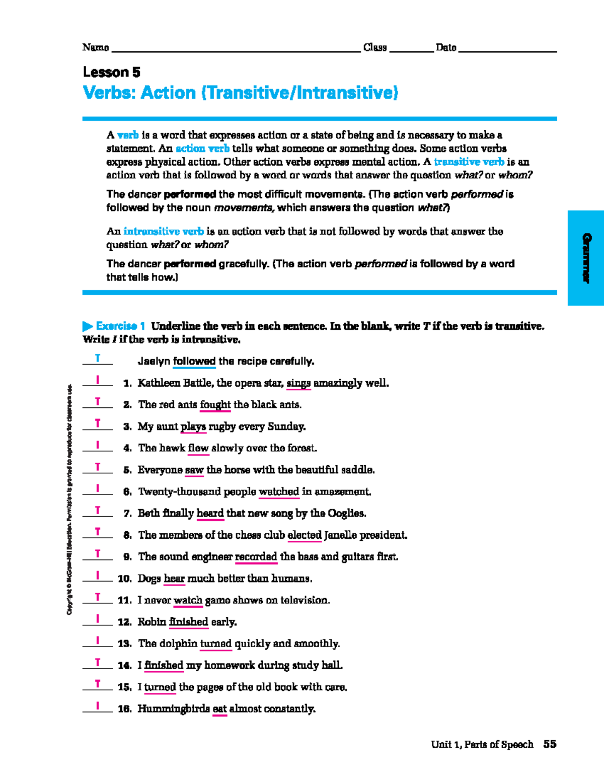 Grammar - Verbs (Lesson 5 answer key) - Name Class Date Lesson 5 Verbs ...