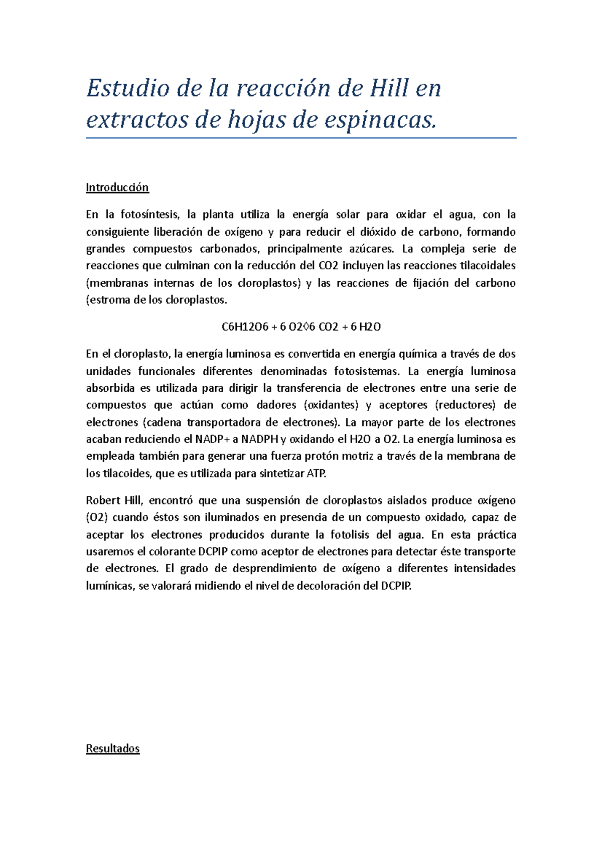 Estudio de la reacción de Hill en extractos de hojas de espinacas ...
