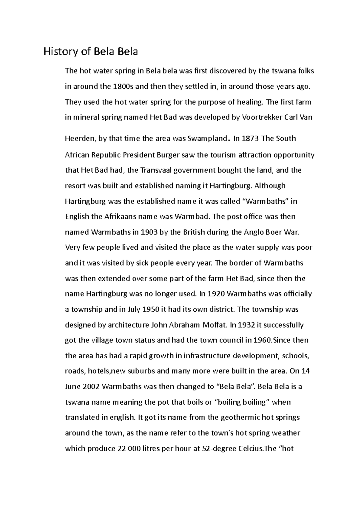 Bela bela - assignment - History of Bela Bela The hot water spring in ...