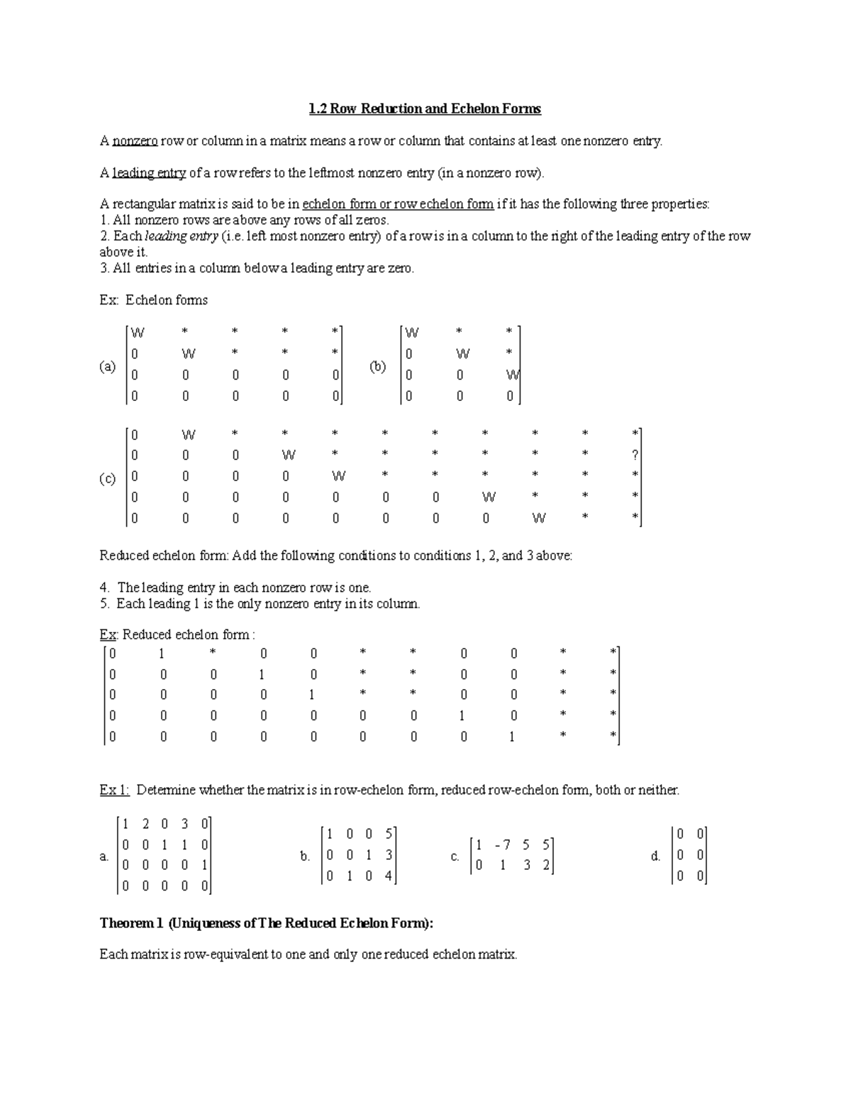 Linear Algebra Notes 2 - 1 Row Reduction and Echelon Forms A nonzero ...