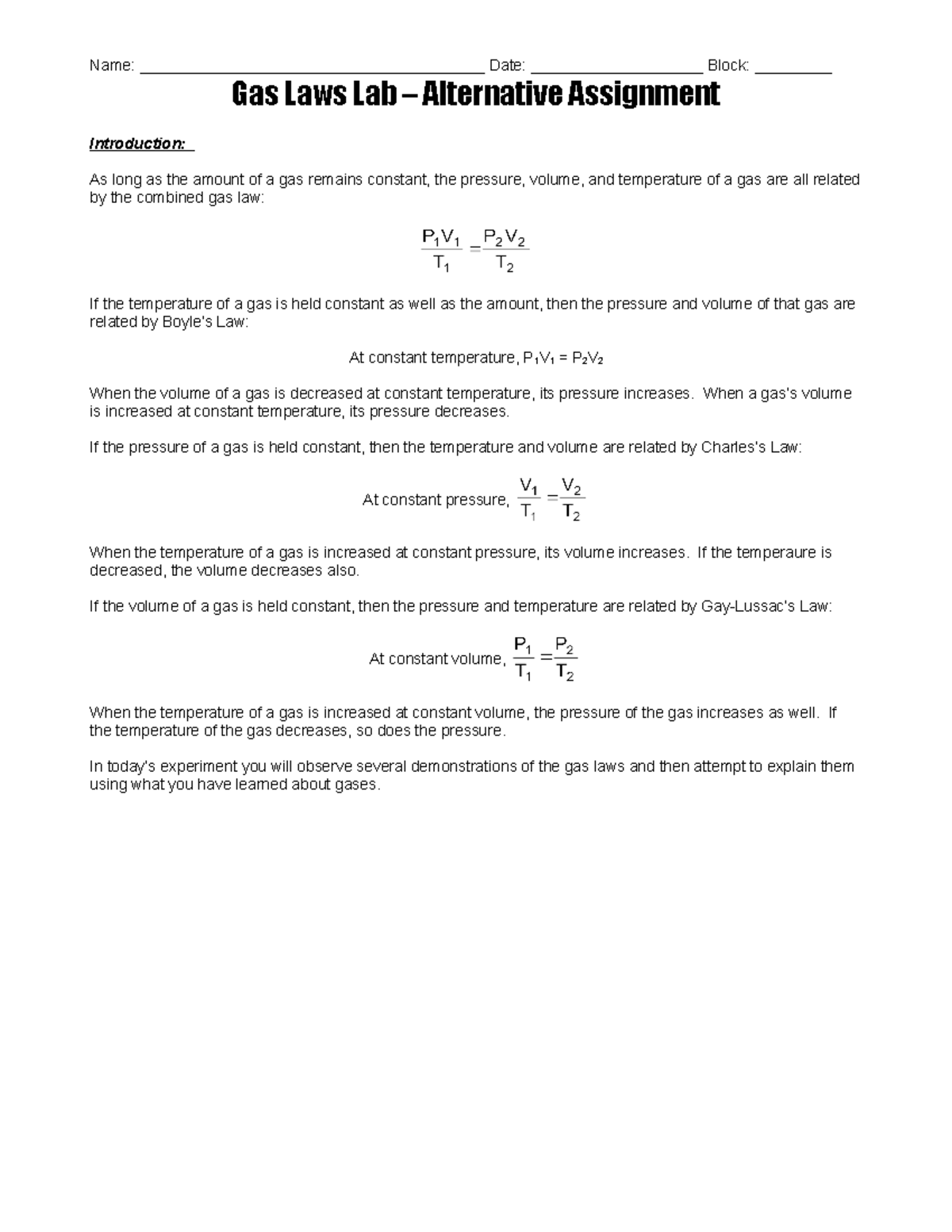 Gas Laws Lab - Alternative Assignment - Name ...