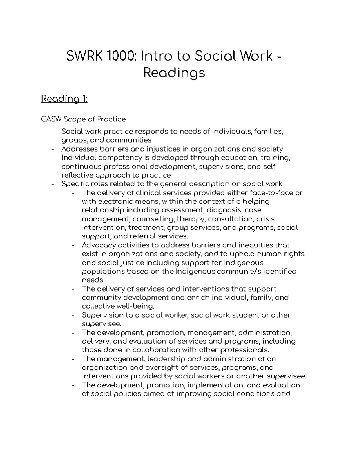 SWRK 1000 Intro to Social Work - Readings - SWRK 1000: Intro to Social ...