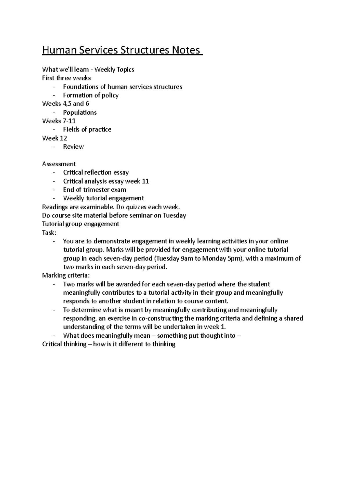 Human Services Structures Notes - Do quizzes each week. Do course site ...