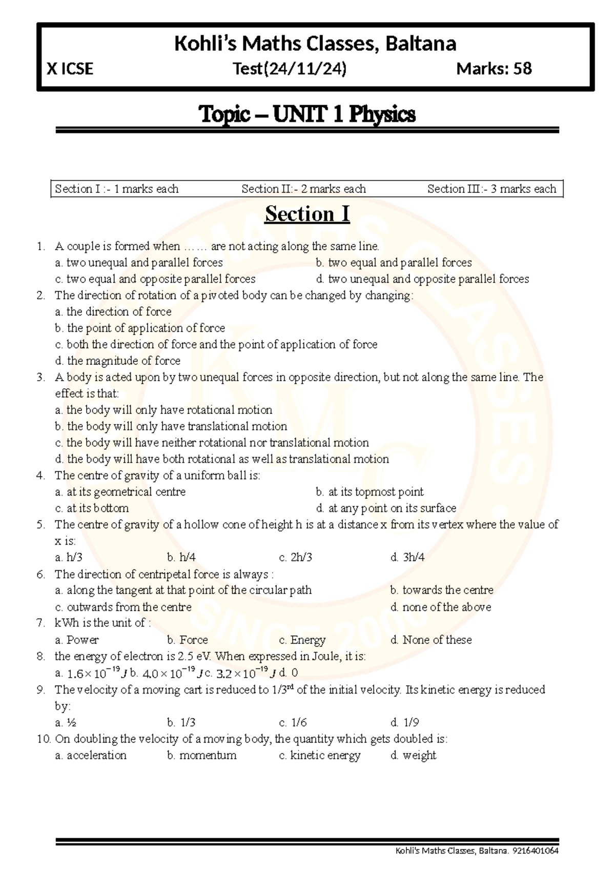 10cbse(24 11 24) unit1test - Topic – UNIT 1 Physics Section I :- 1 ...