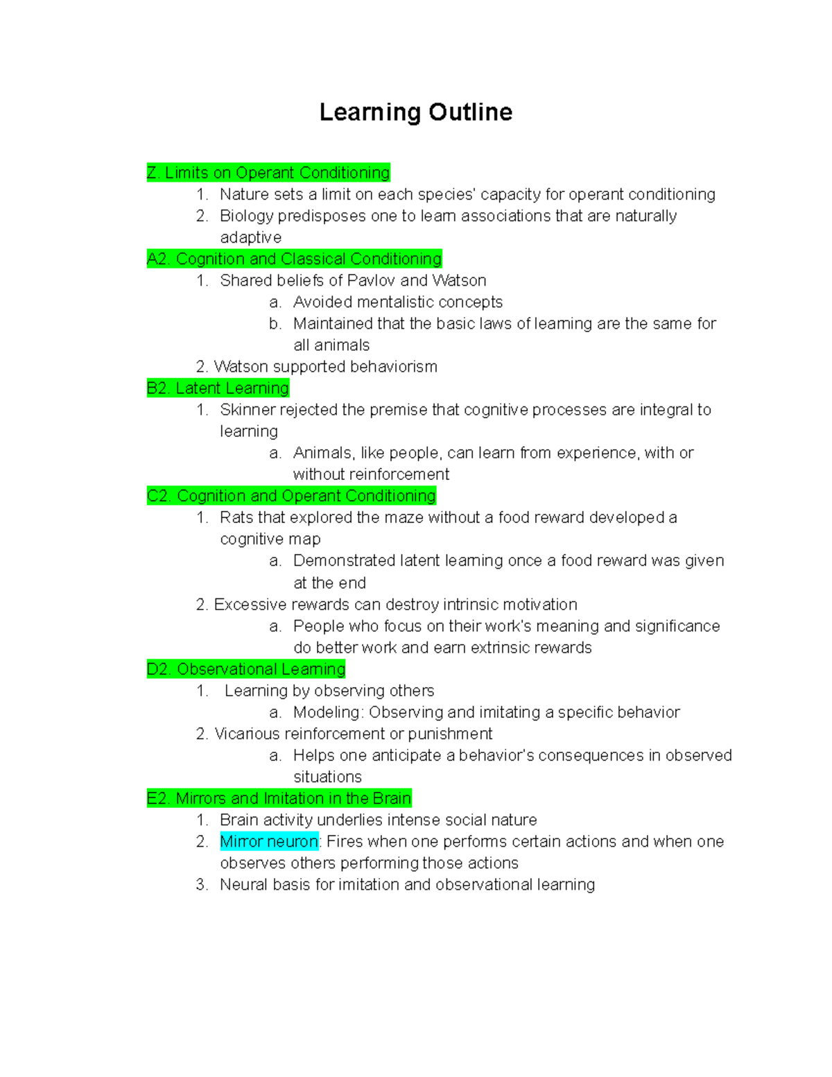 General Psychology-Learning Outline - Learning Outline Z. Limits on ...