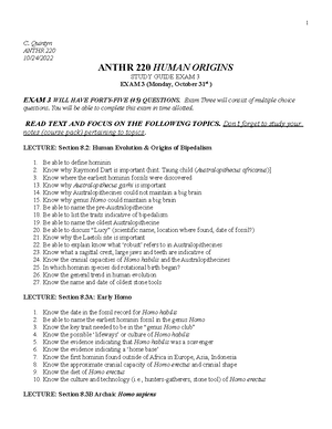Human Origins fall 2022 Study Guide Exam 2 - C. Quintyn ANTHR 220 10/3 ...