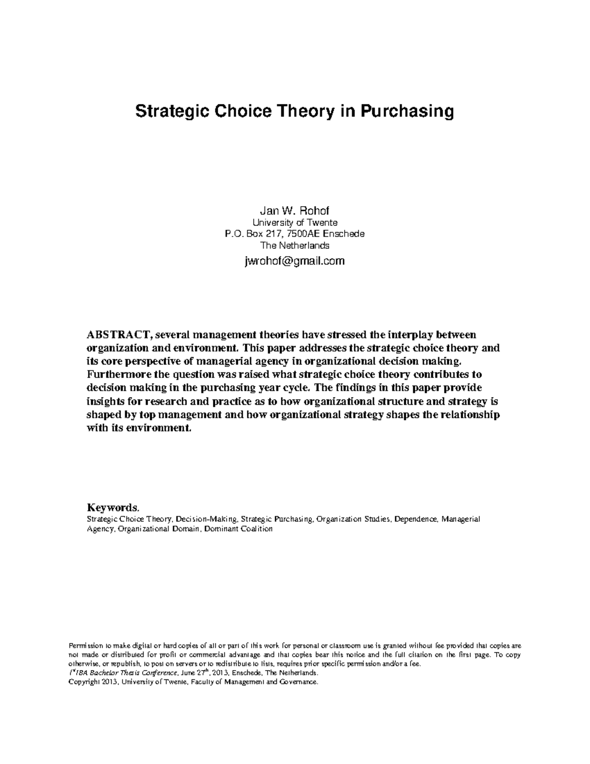 Strategic Choice Theory in Purchasing - BSc Jan Rohof - Strategic ...