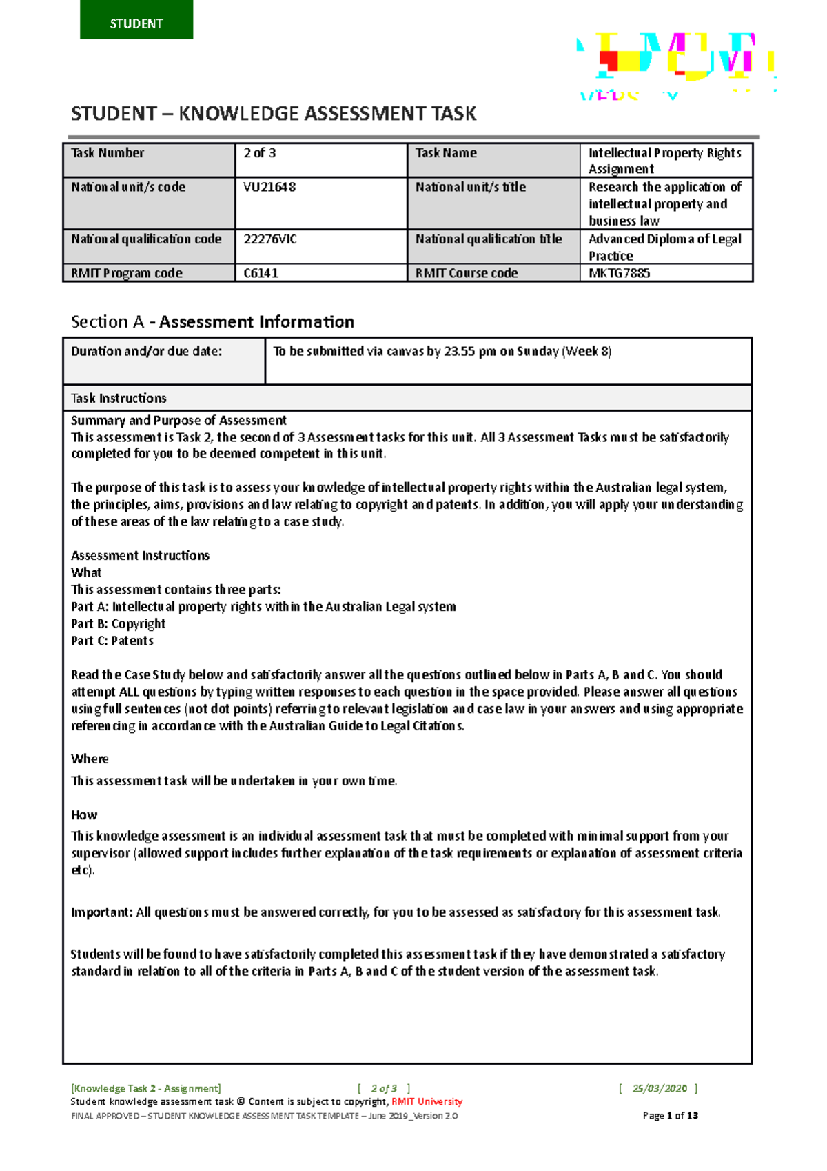 Intellectual Property Rights Assignment fatima kaadan - STUDENT – KNOWLEDGE ASSESSMENT TASK Task ...