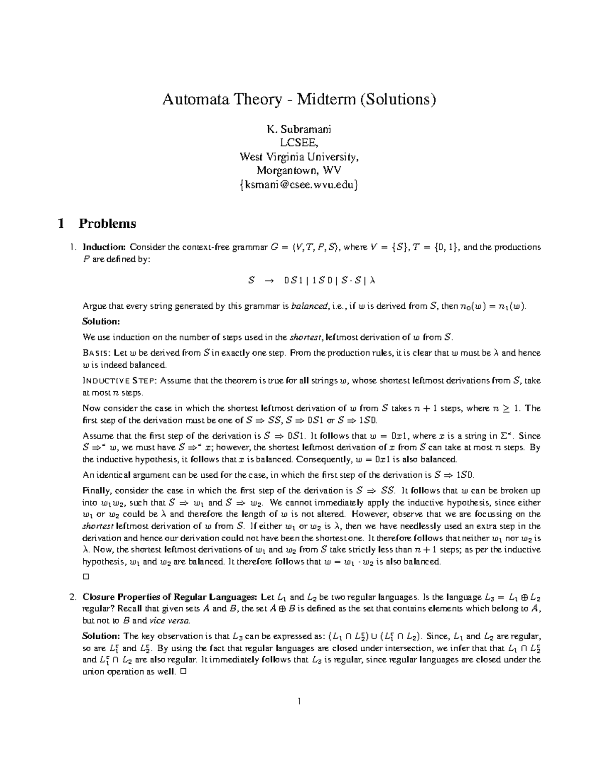 Midsol - ..... - Automata Theory - Midterm (Solutions) K. Subramani ...