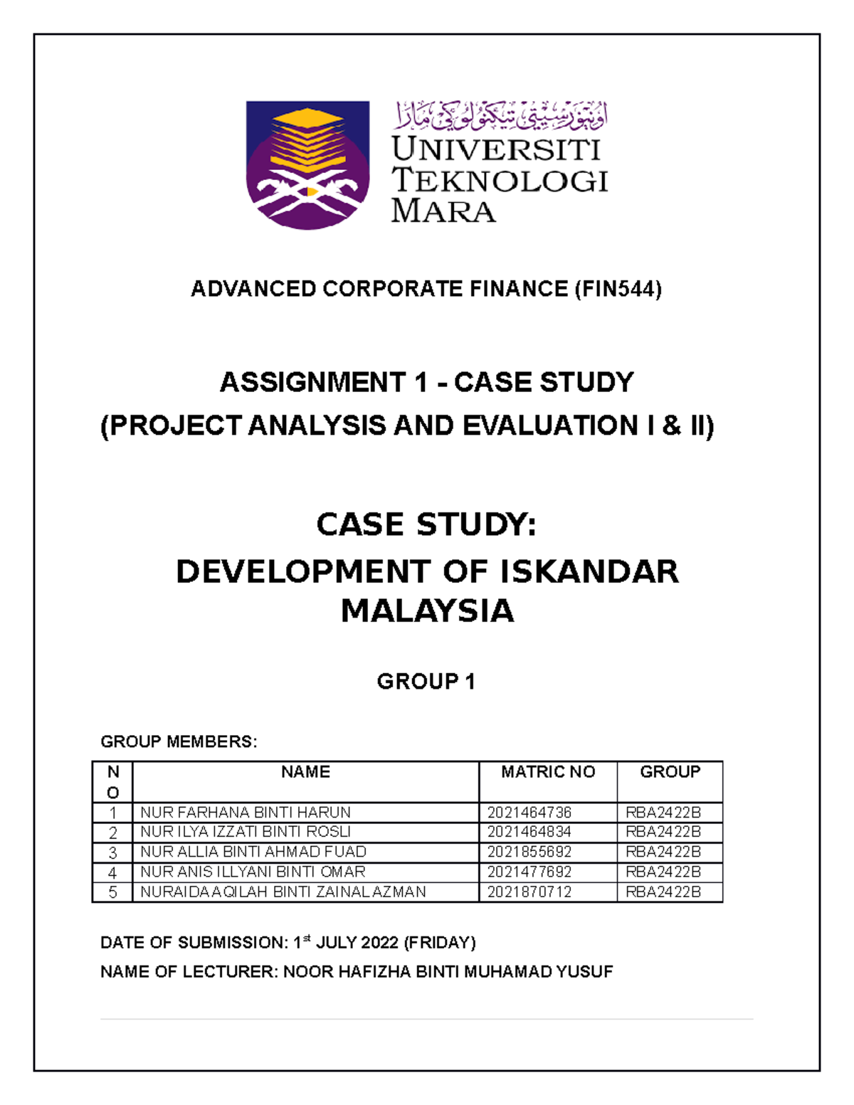 FIN544 - CASE Study ( Group 1 RBA2423B) - ADVANCED CORPORATE FINANCE ...