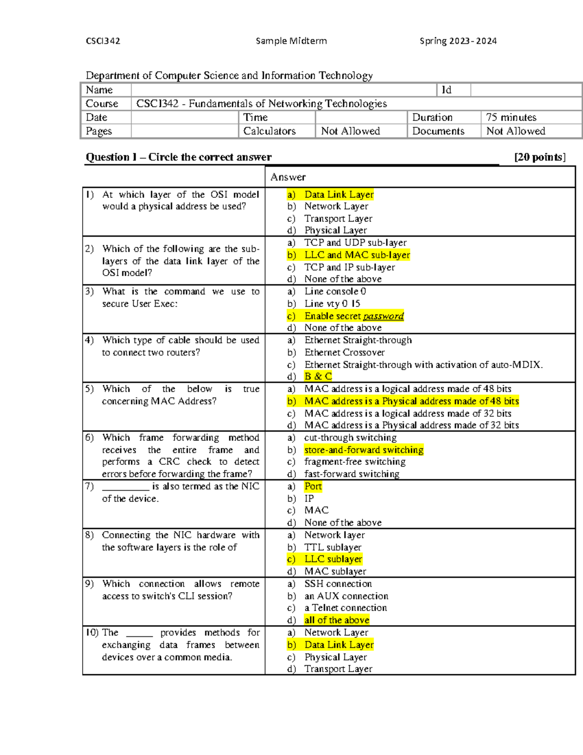 CSCI342 Sample Midterm Exam - Department of Computer Science and Information Technology Name Id ...