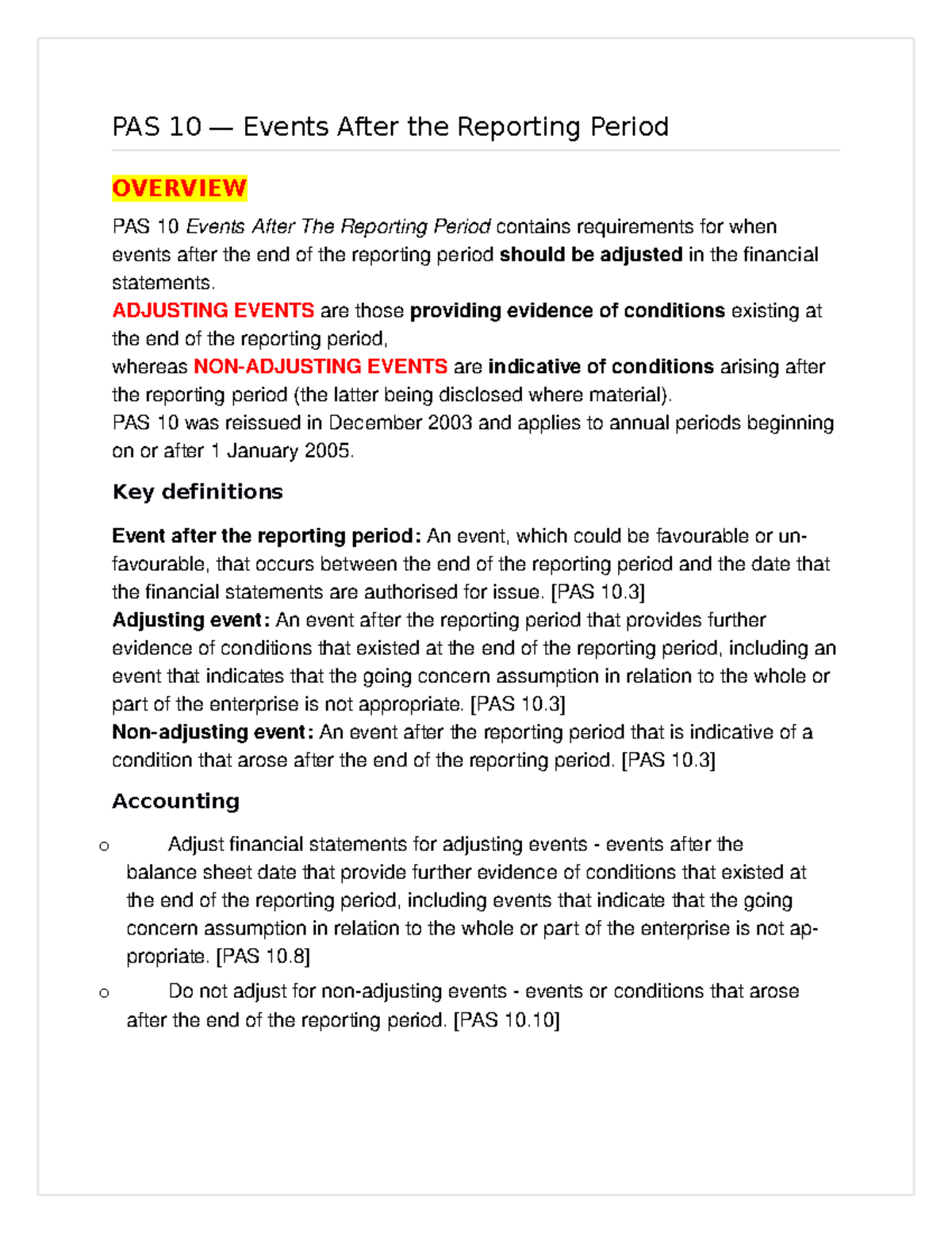 PAS 10- Events After Reporting Period - PAS 10 — Events After the ...
