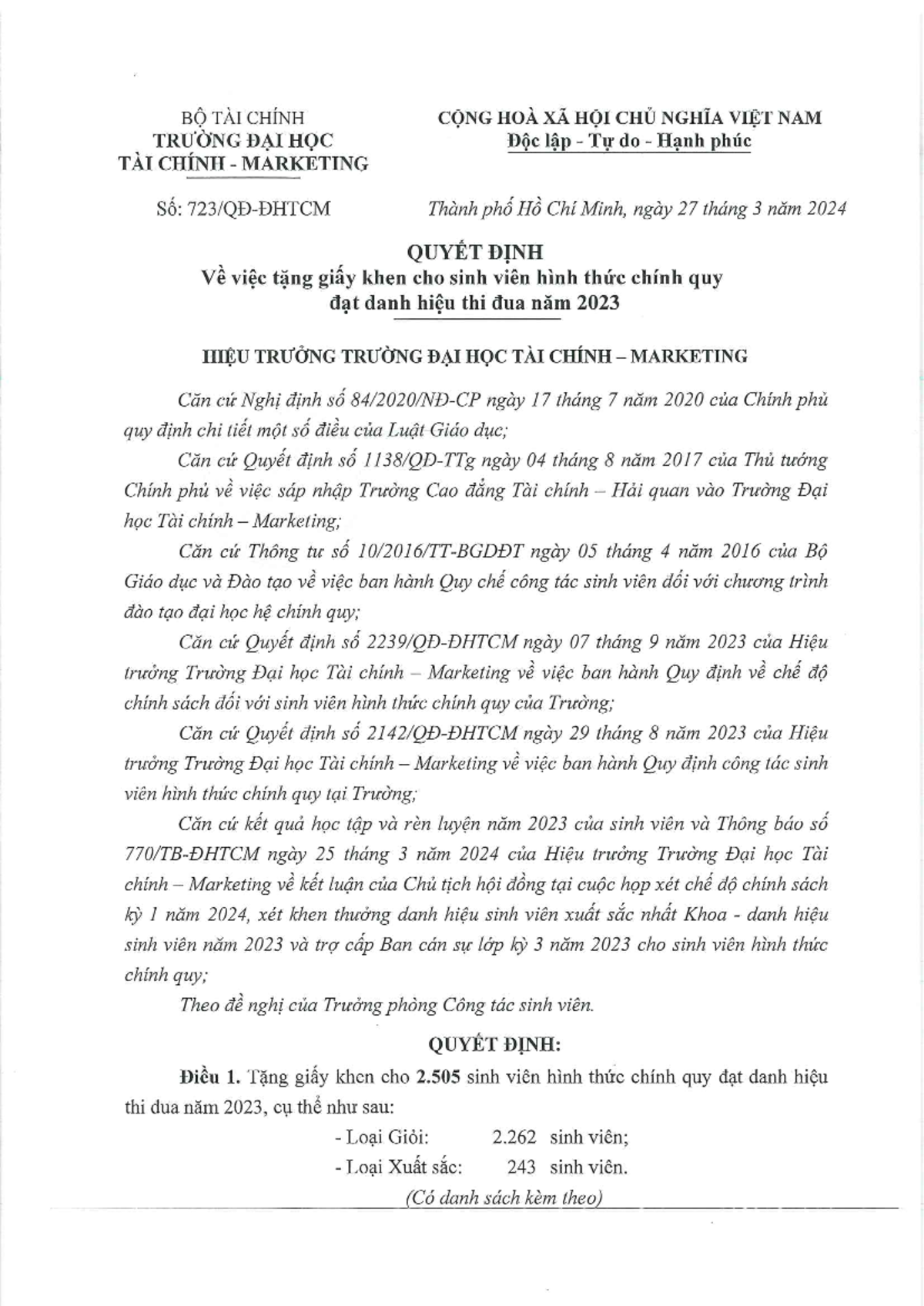 [20240329 ] 723 Qd Táº·ng Giáº¥y Khen Cho Sinh Vi Ãªn H Ã¬nh Thá©c Ch