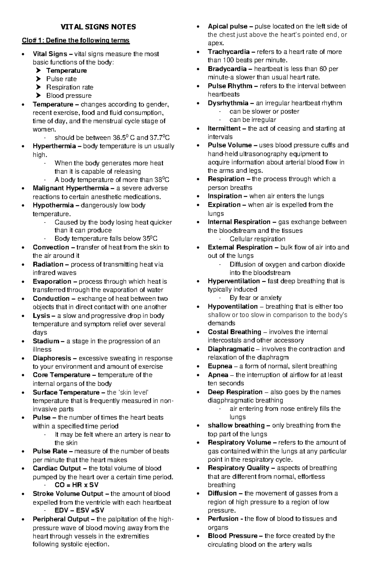 Vital Signs Notes - VITAL SIGNS NOTES Clo# 1: Define the following ...