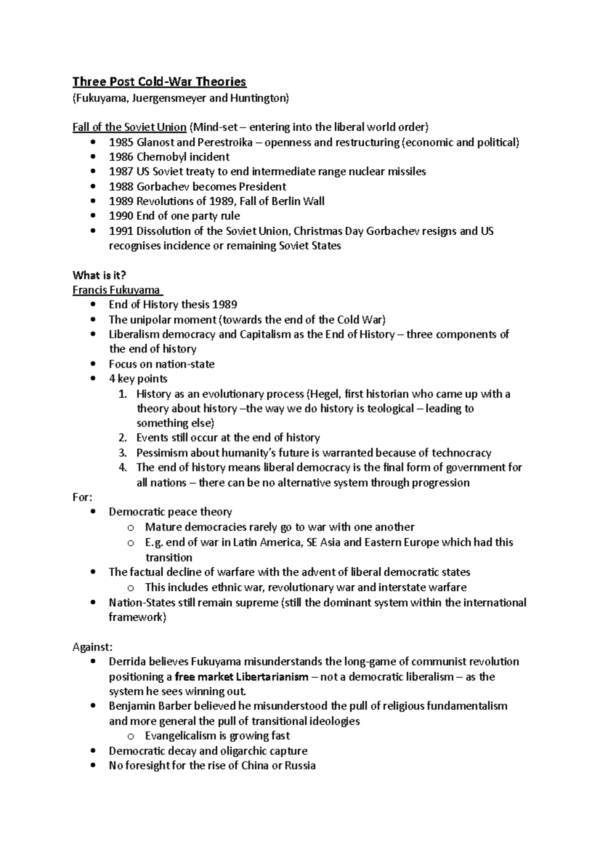 Three Post Cold Theories - Three Post Cold-War Theories (Fukuyama ...