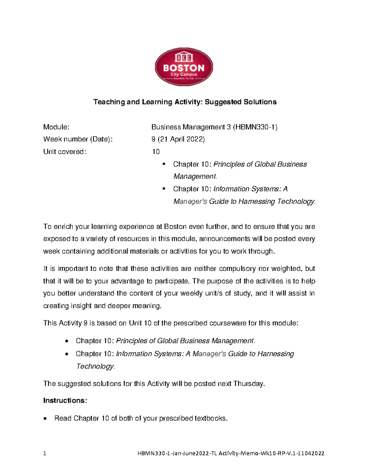 HBMN330-1-Jan-Jun2022-TL Activity-Memo-Wk9-RP-V - Teaching and Learning ...