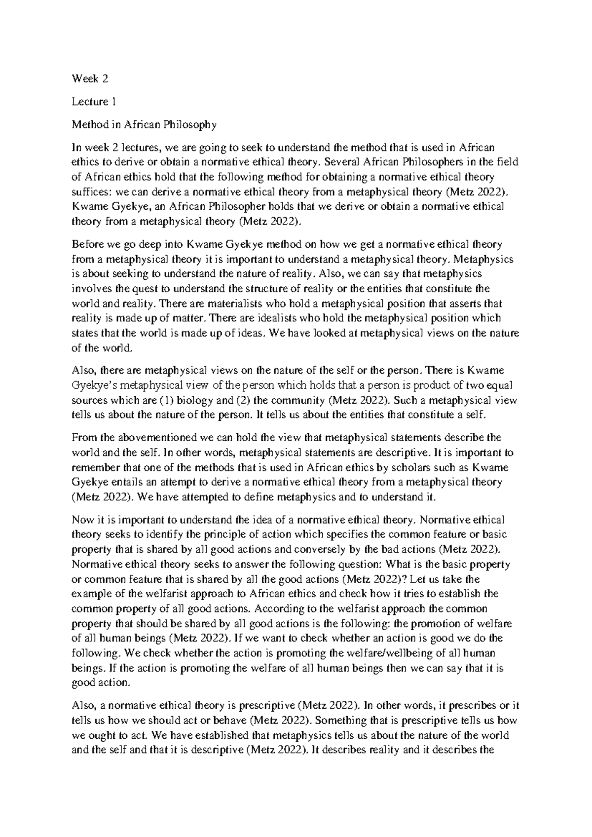 Lecture notes on method in African ethics - Week 2 Lecture 1 Method in ...