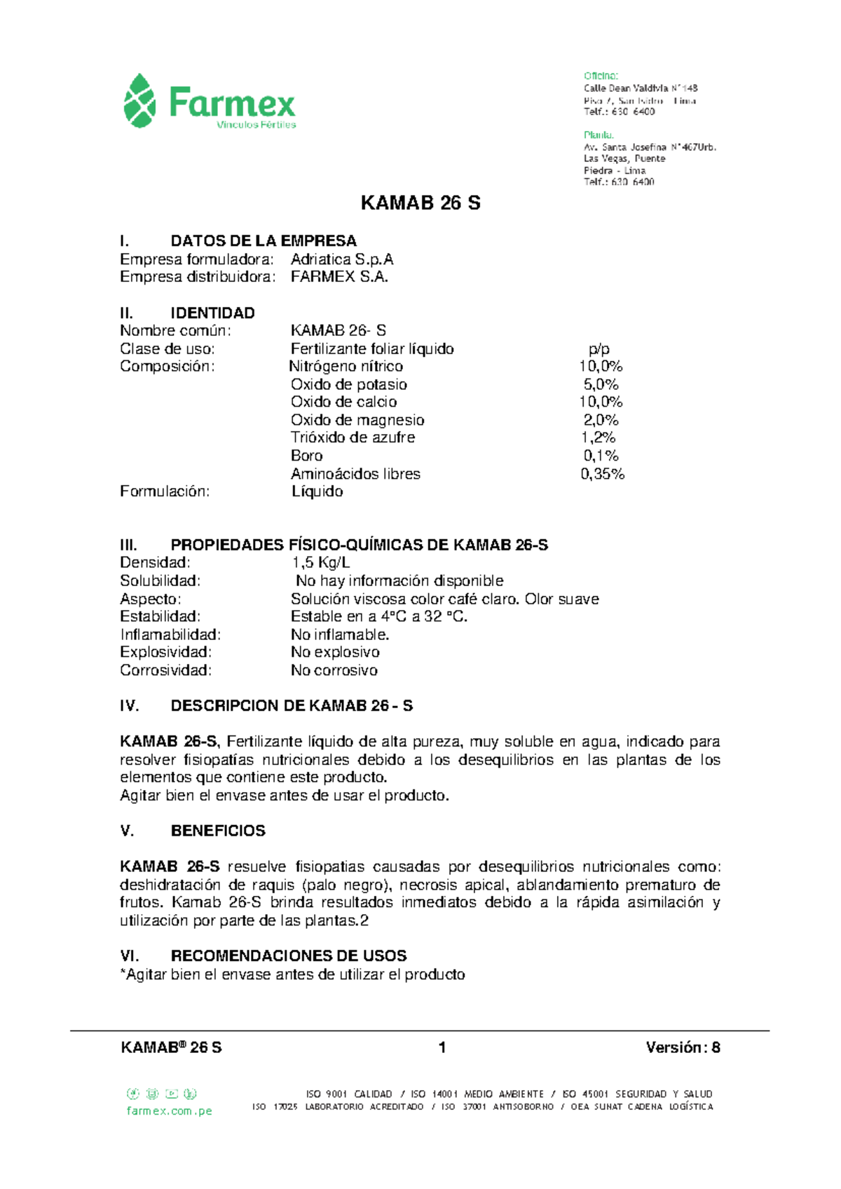 Kamab-ht-v8 - Ficha técnica de Kamab - KAMAB® 26 S 1 Versión: 8 farmex ...