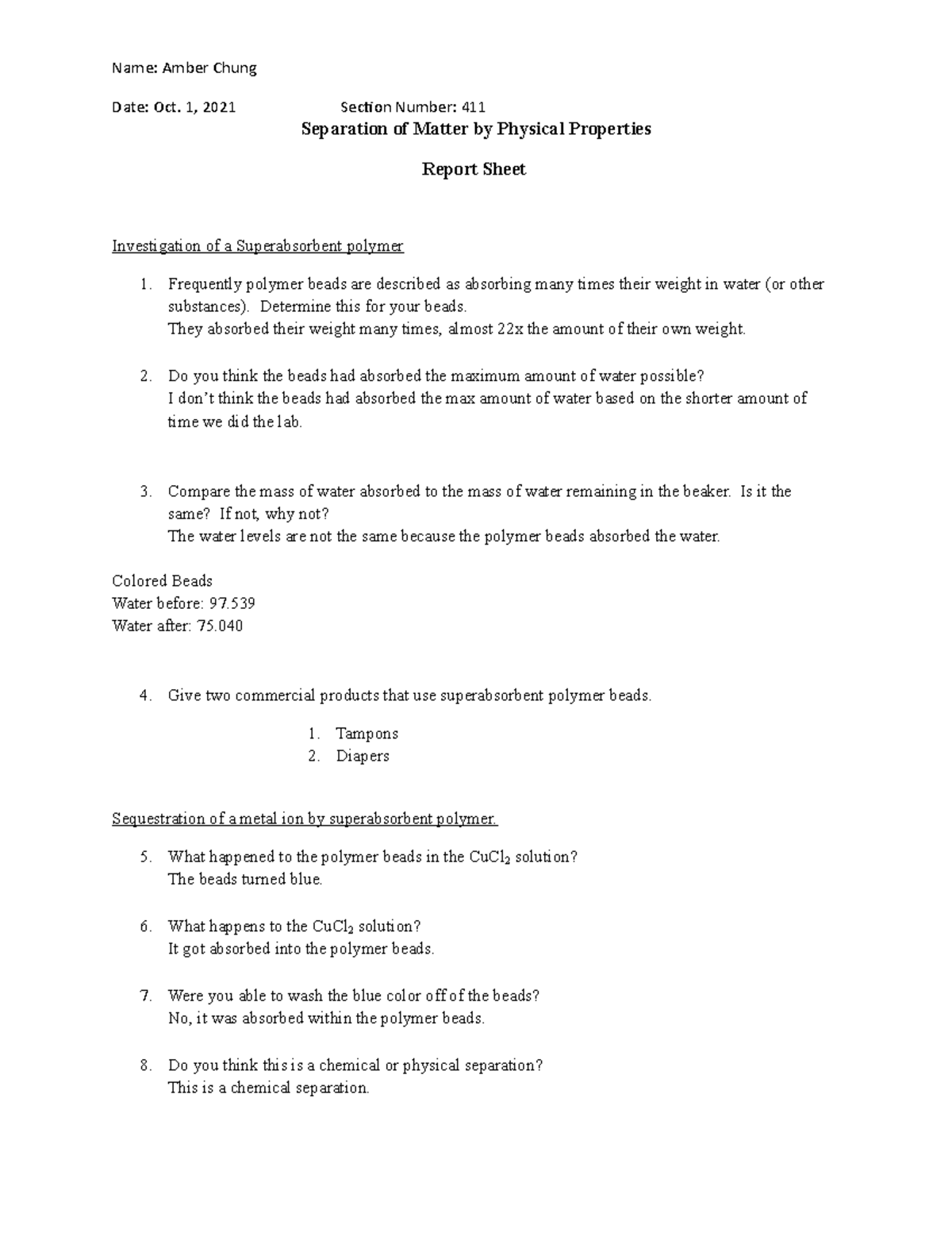 Polymer Beads Post Lab - Name: Amber Chung Date: Oct. 1, 2021 Section ...
