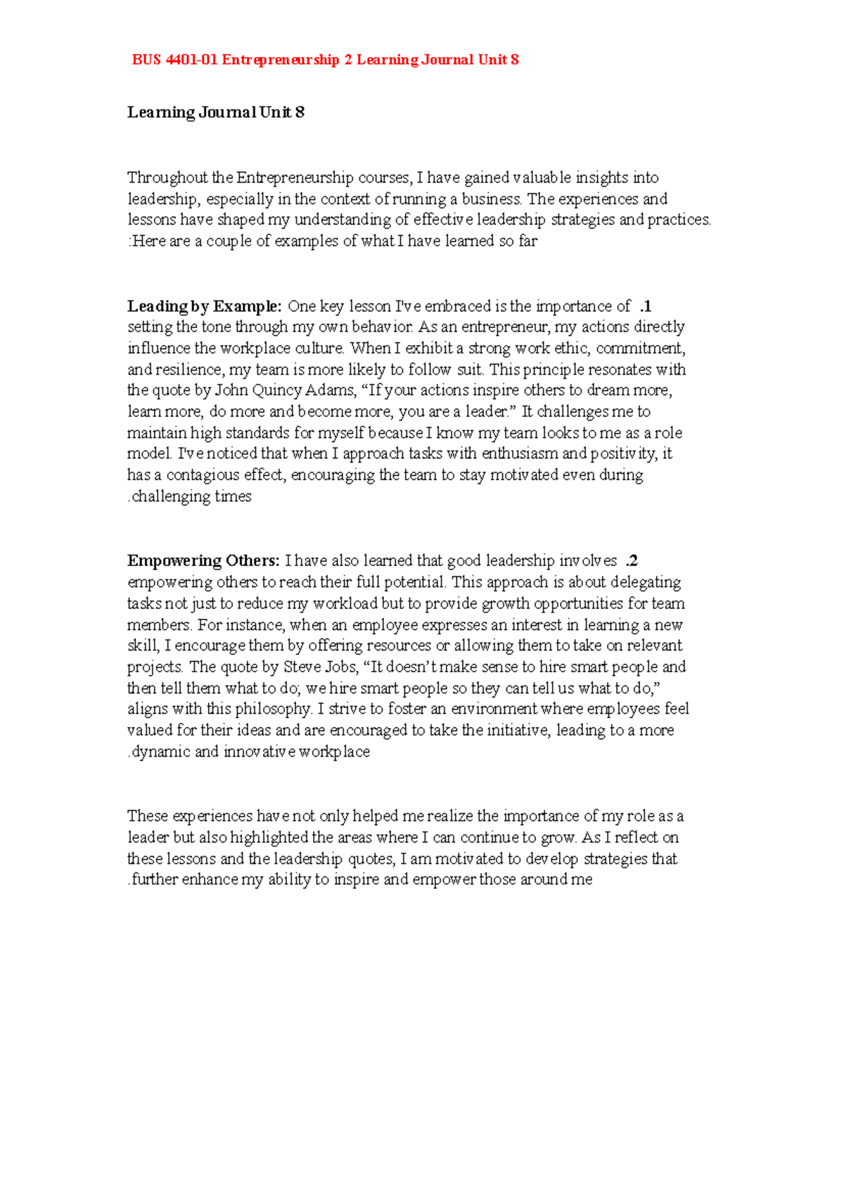 BUS 4401-01 Entrepreneurship 2 LJ u8 - BUS 4401-01 Entrepreneurship 2 Learning Journal Unit 8 ...