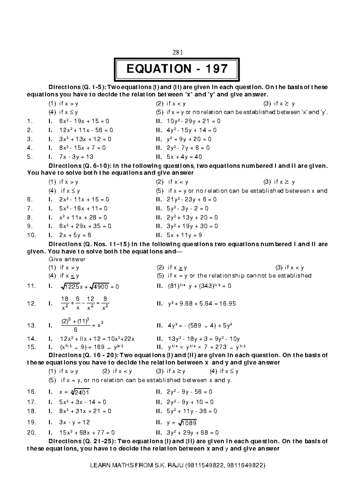 200 quadratic equation questions - EQUATION - 197 Directions (Q. 1-5 ...
