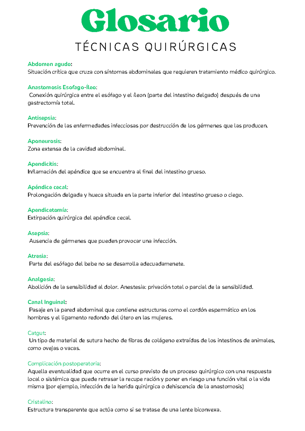 Glosario QX - Resumen Técnicas Quirúrgicas - T É C N I C A S Q U I R Ú R G I C A S Glosario ...