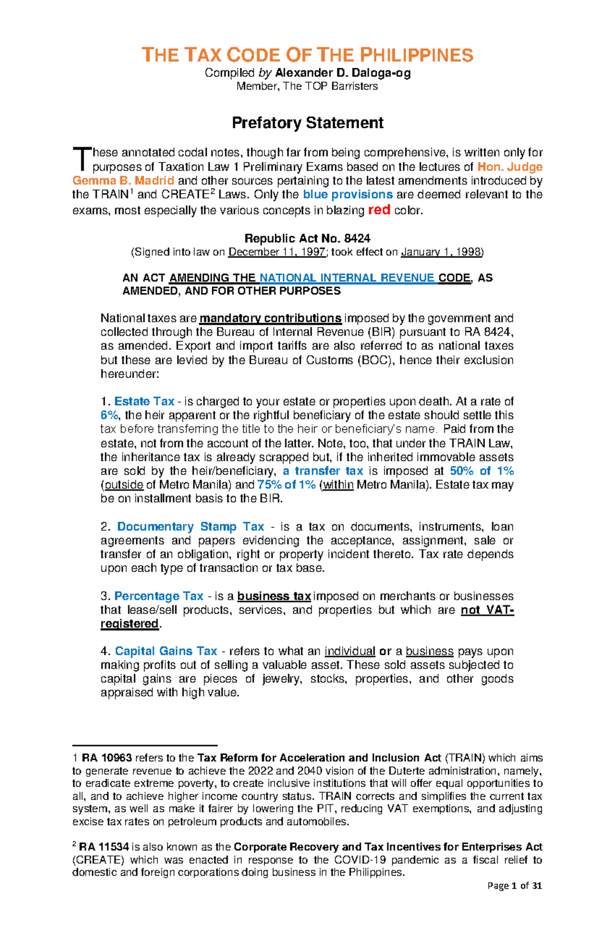 Tax Code Notations Part I - THE TAX CODE OF THE PHILIPPINES Compiled by ...