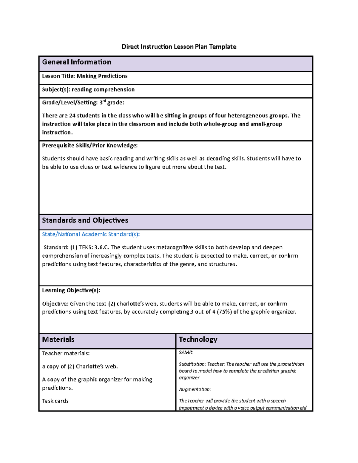 Direct Instruction Lesson Plan Template - Making Predictions - Studocu