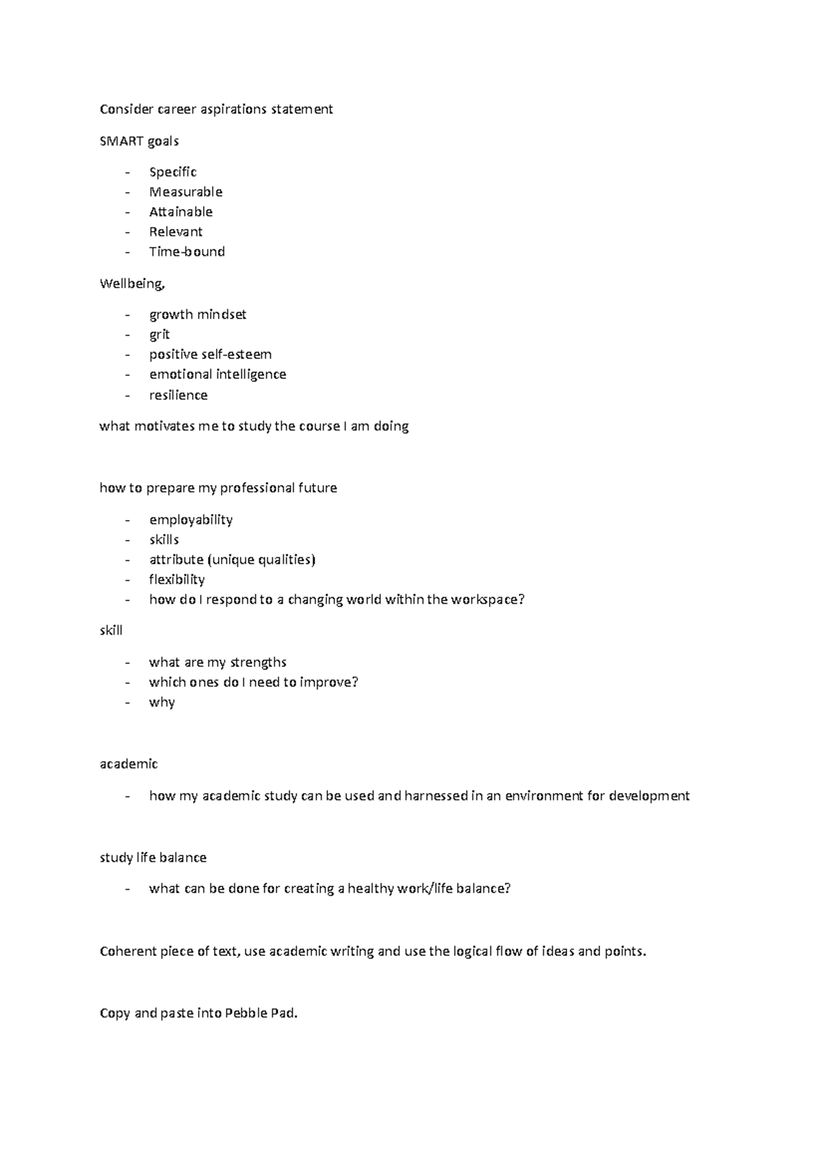 Written Assesment - essay - Consider career aspirations statement SMART ...