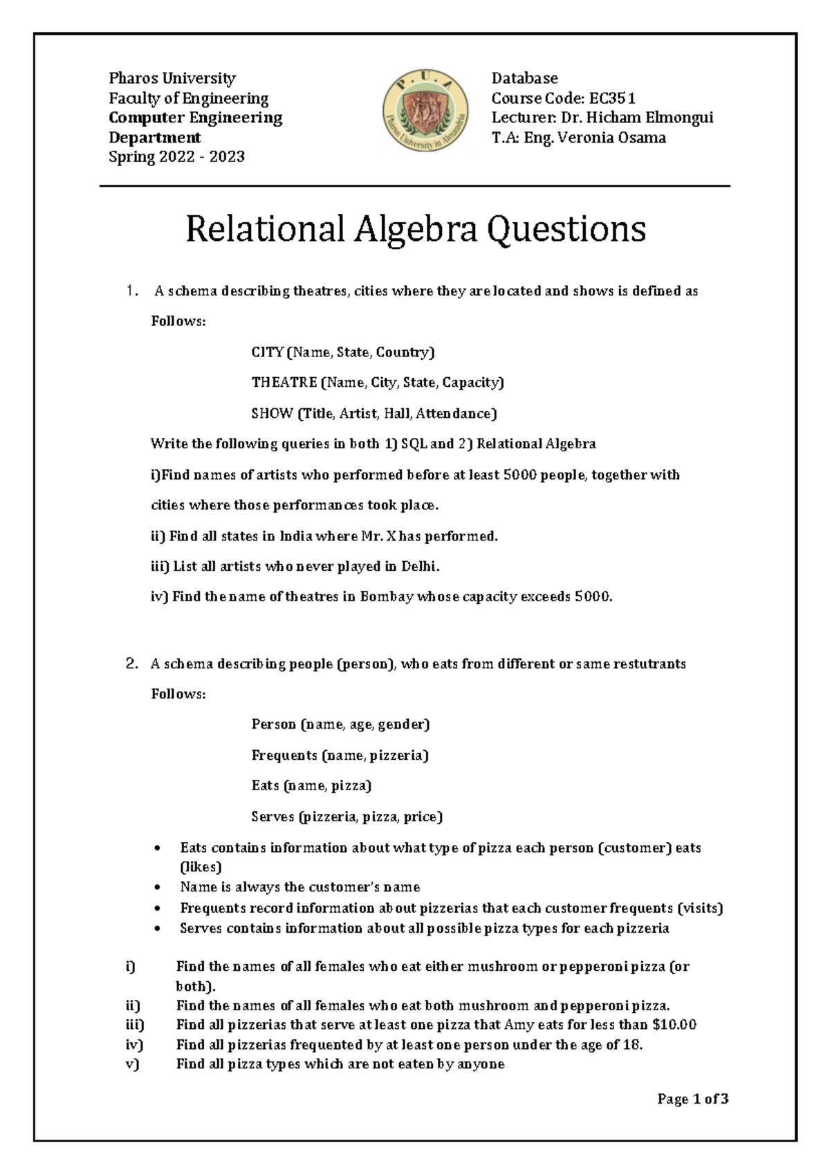 Relational Algebra Questions - Pharos University Faculty of Engineering Computer Engineering ...