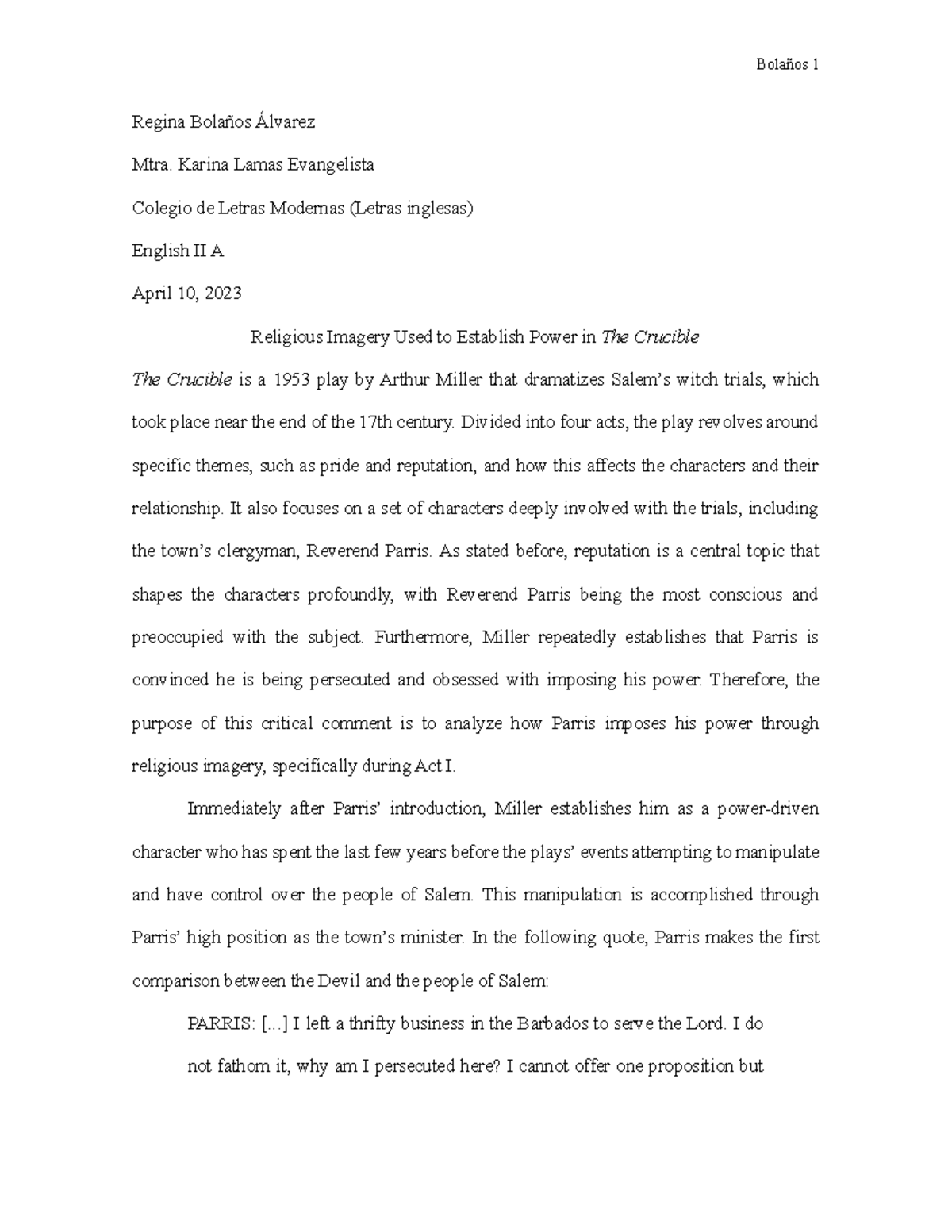 Critical comment of "The Crucible" by Arthur Miller - Regina Bolaños ...