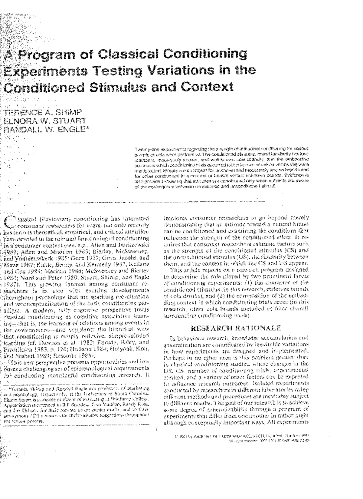 A program of classical conditioning experiments testing variations in ...