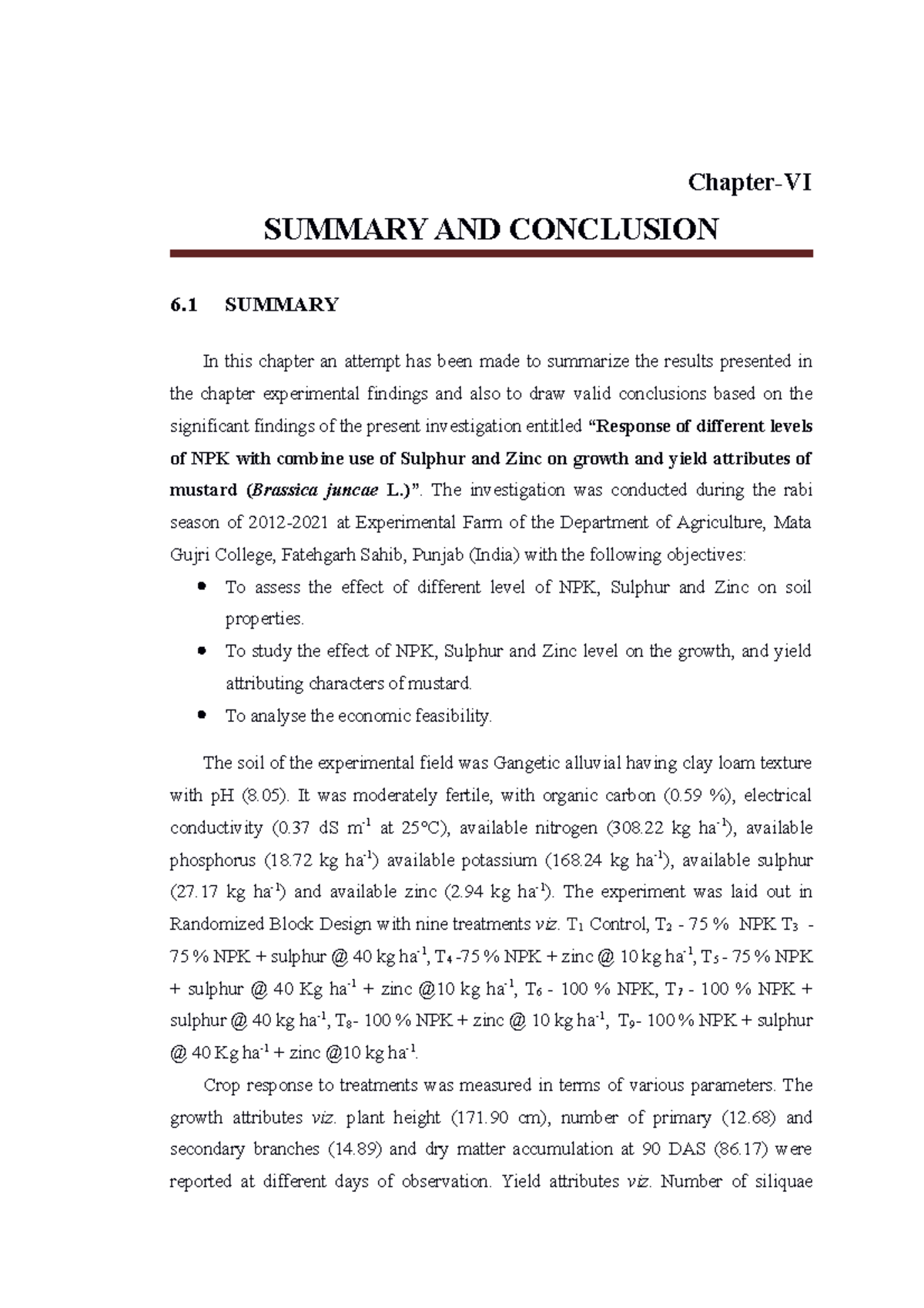 Chapter 6 - idk - Chapter-VI SUMMARY AND CONCLUSION 6 SUMMARY In this ...