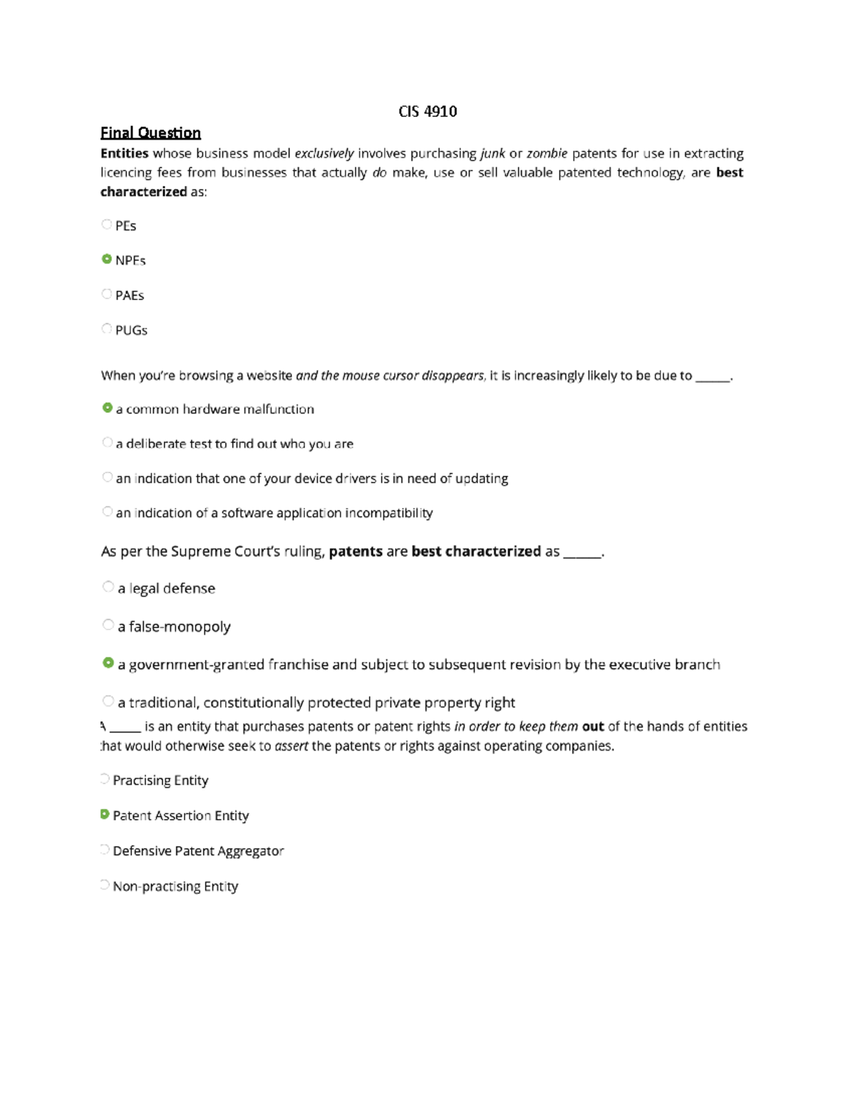 CIS 4910 Final Question - CIS 3550 - Studocu