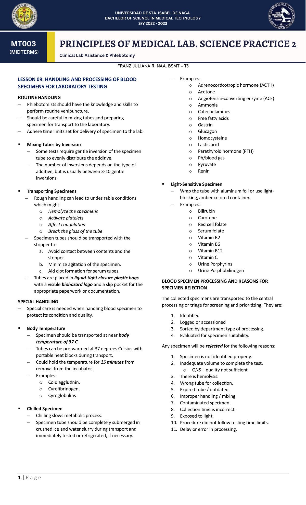 Lesson 09 Handling and Processing of Blood Specimens for Lab Testing ...
