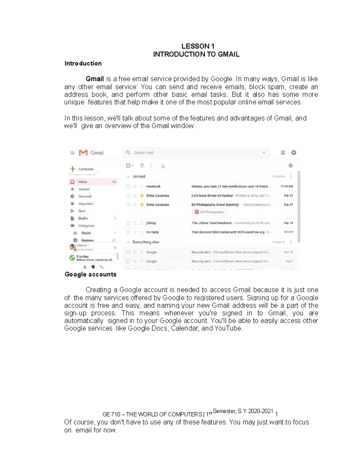 1. Lesson 1 Introduction to Gmail Creating a Google account is needed ...