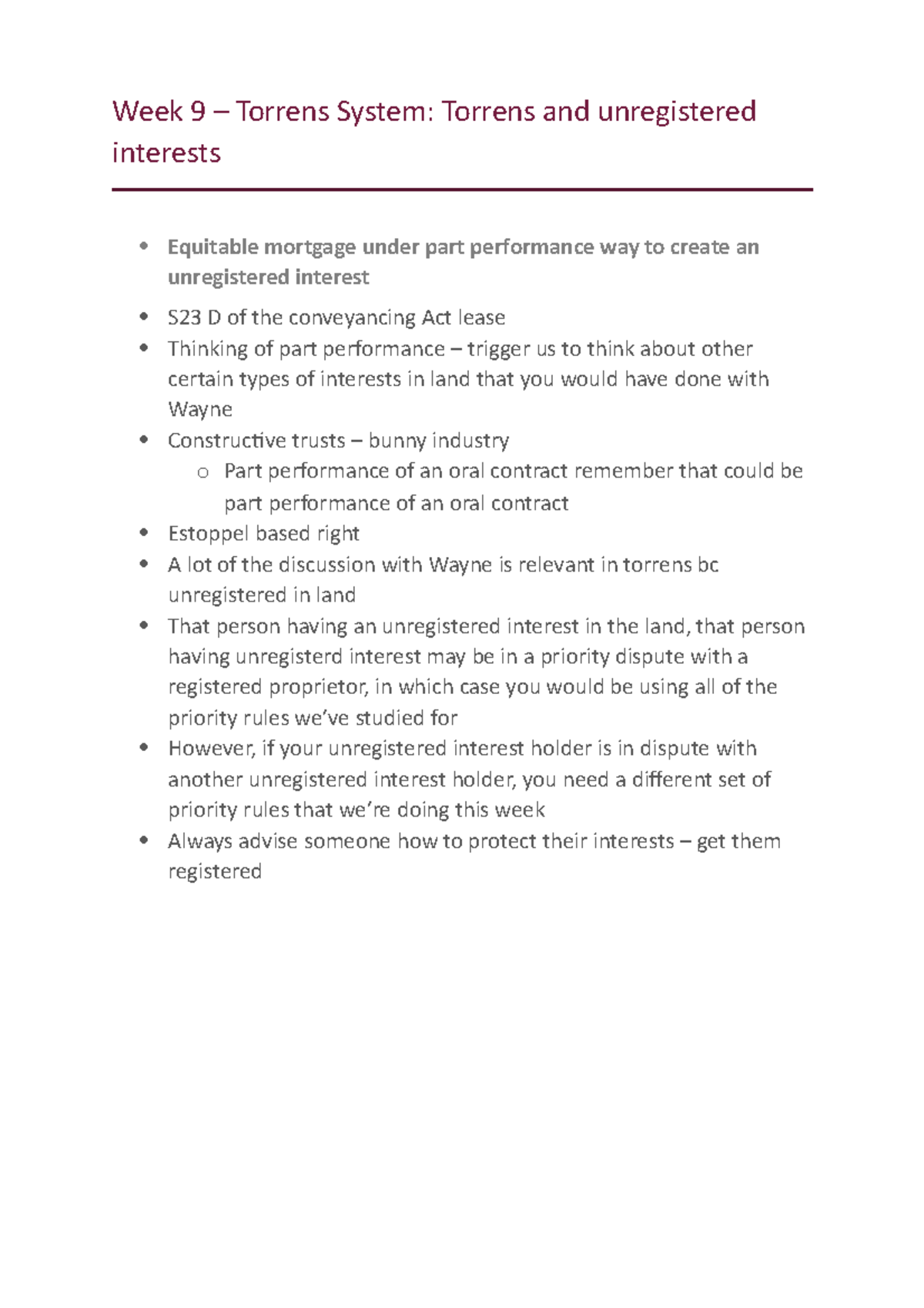 Week 9 - torrens and unregistered interests - Week 9 – Torrens System ...
