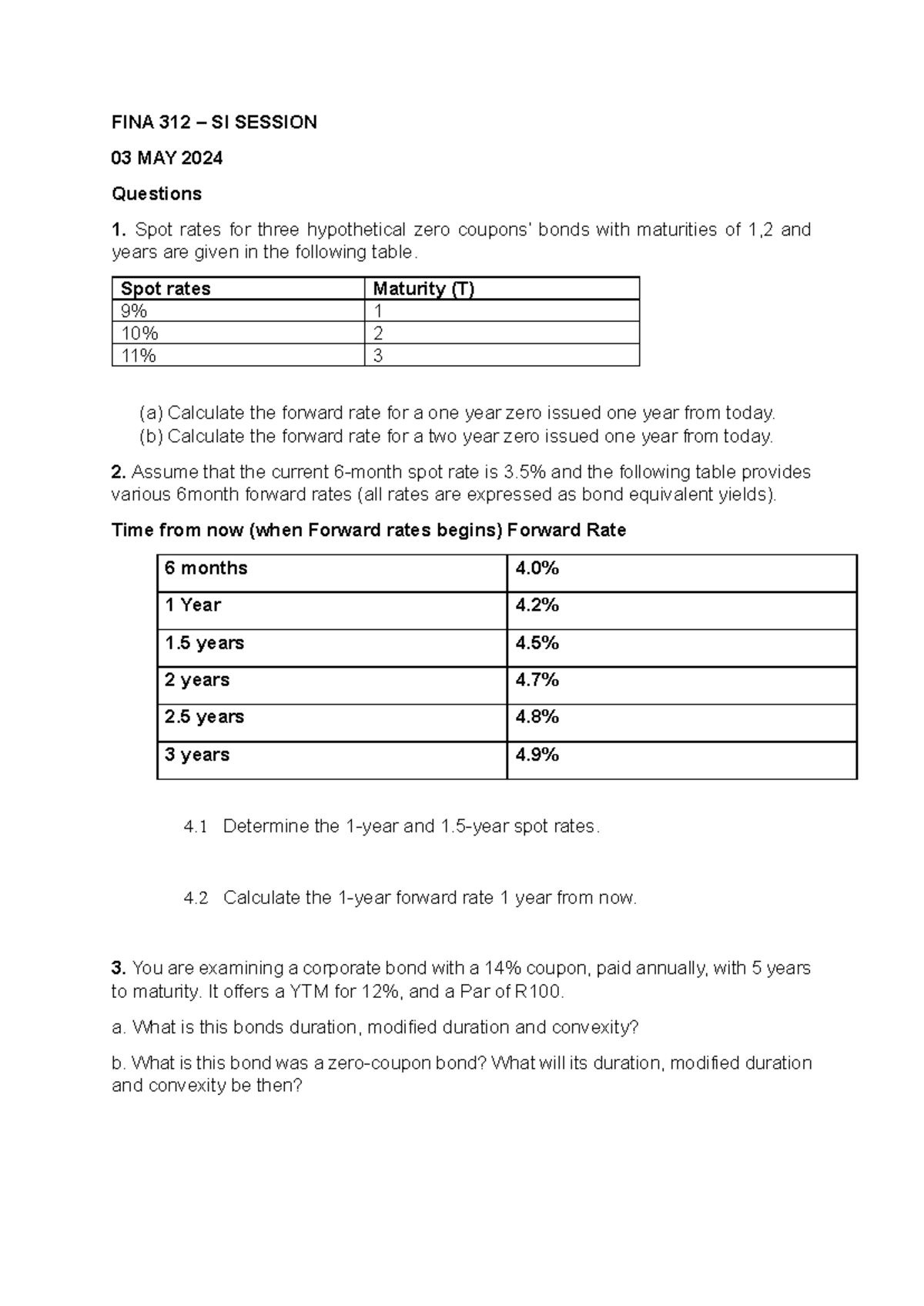 FINA 312 - SI Questions - FINA 312 – SI SESSION 03 MAY 2024 Questions ...