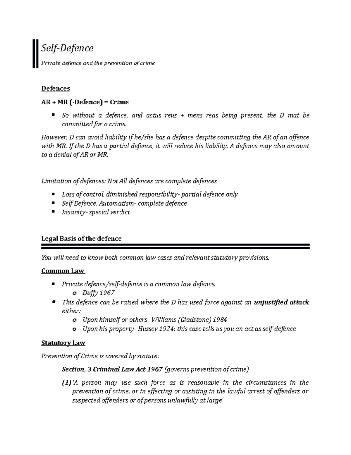 Self-Defence Notes - Self-Defence Private defence and the prevention of ...