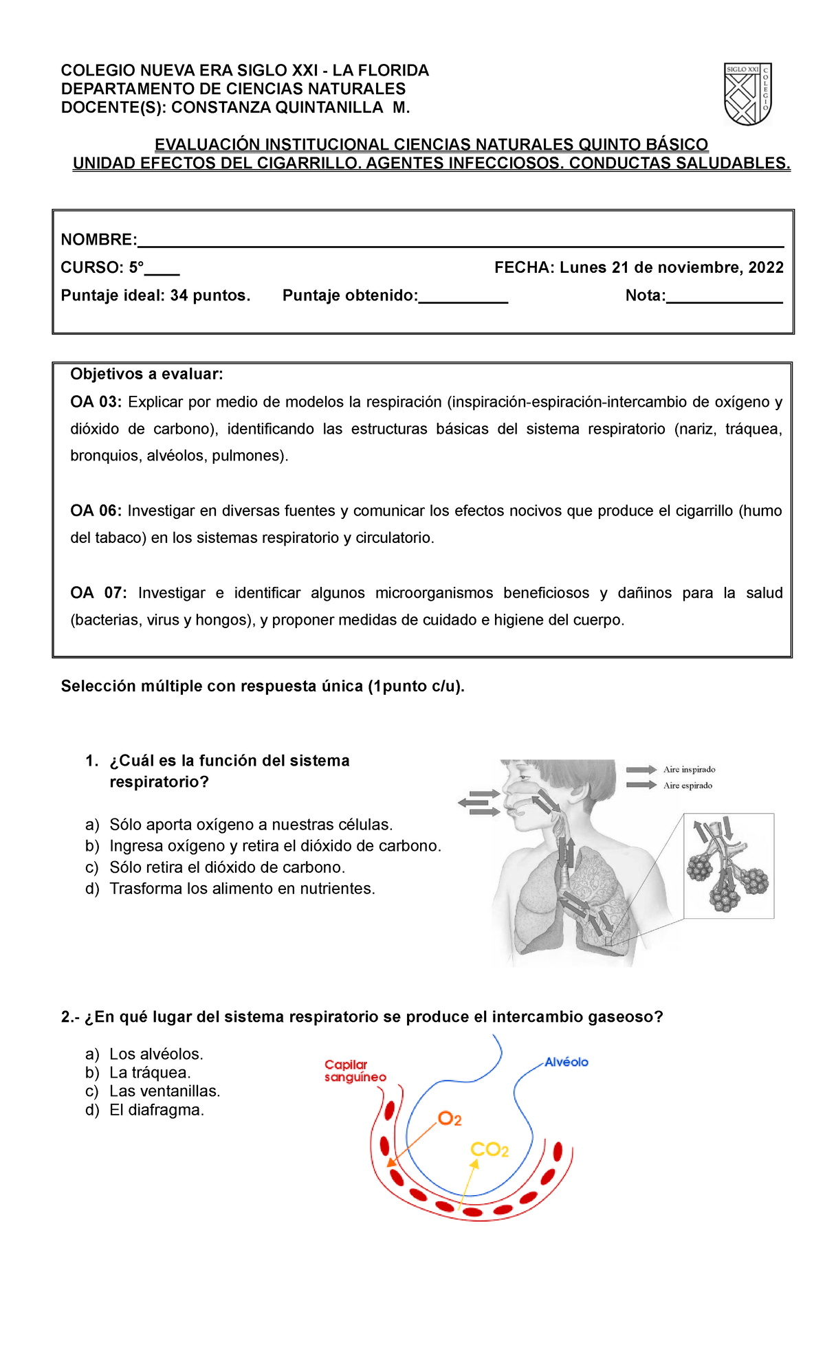 Evaluación Ciencias Naturales 5básico Colegio Nueva Era Siglo Xxi