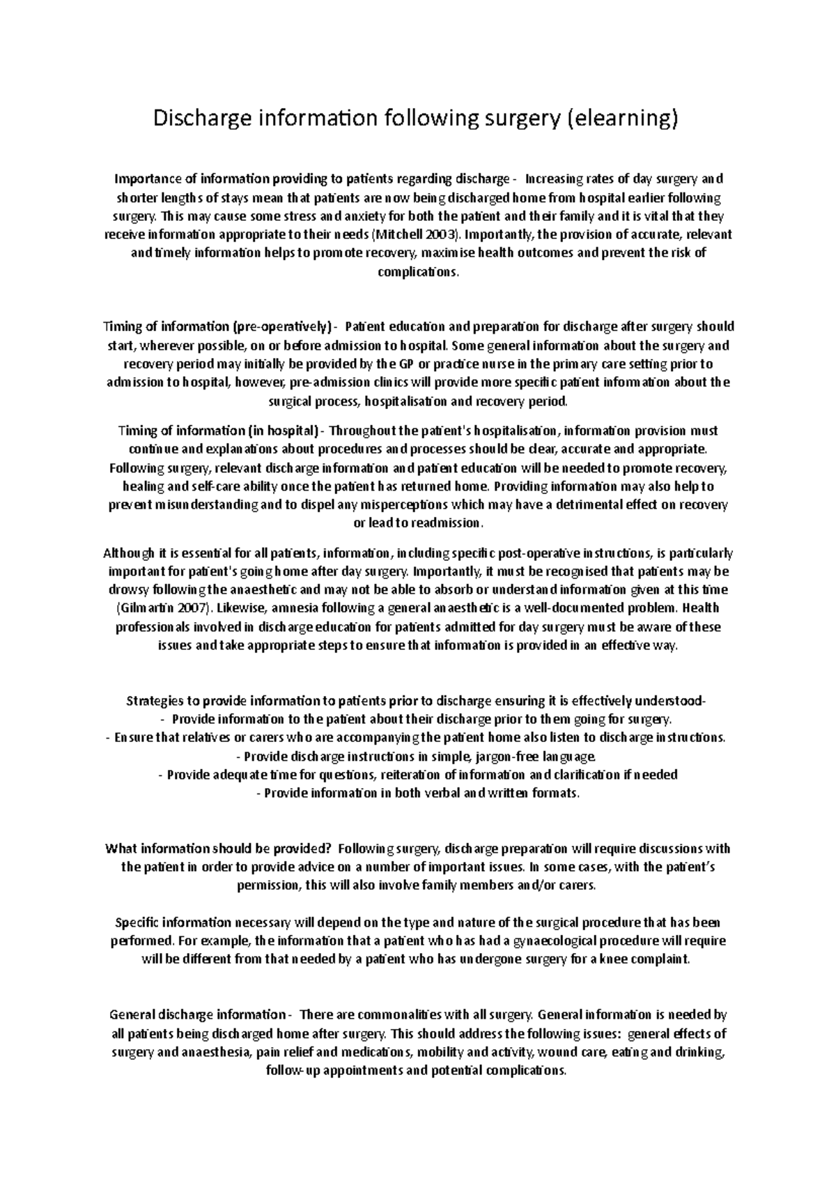 Discharge information following surgery elearning - Discharge ...