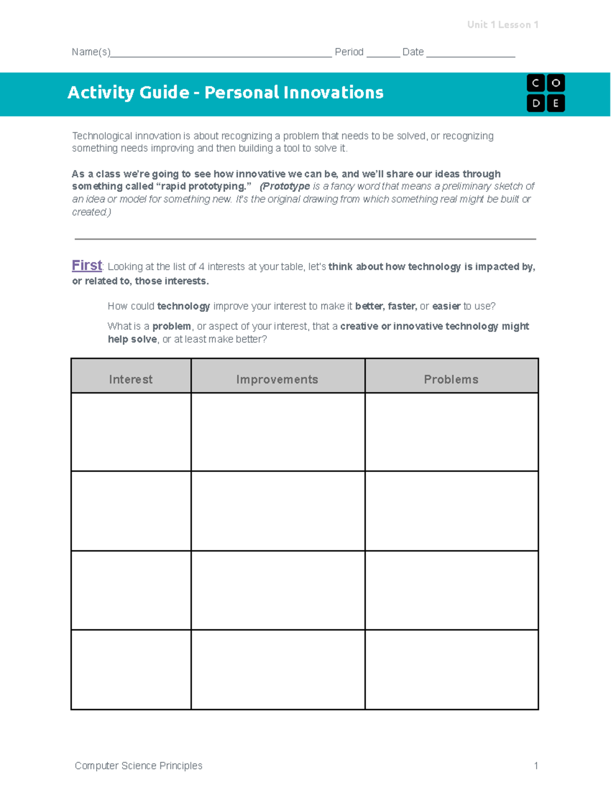 U1L01 Activity Guide - Personal Innovations - Unit 1 Lesson 1 - Studocu