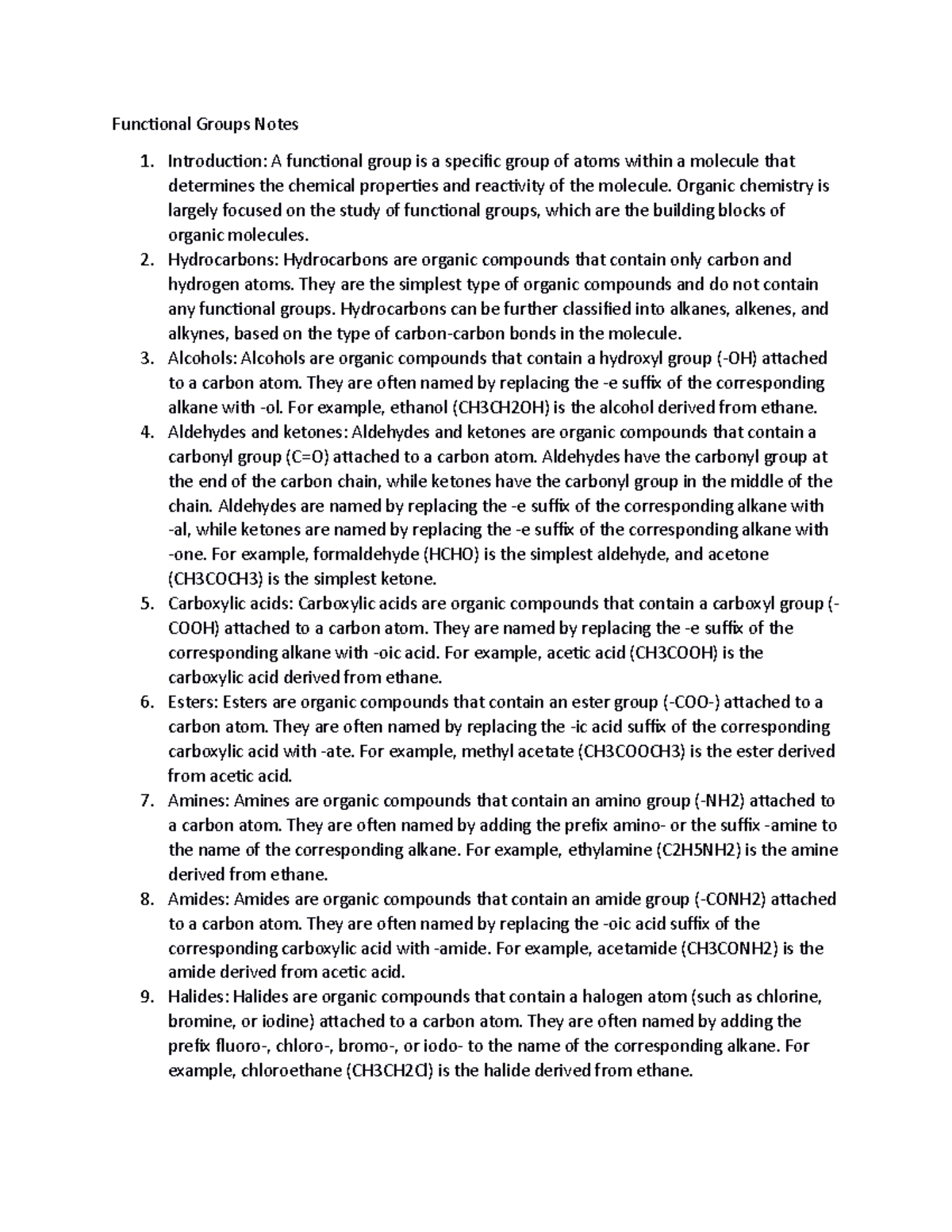 Organic Chemistry Notes 4 - Functional Groups Notes Introduction: A ...