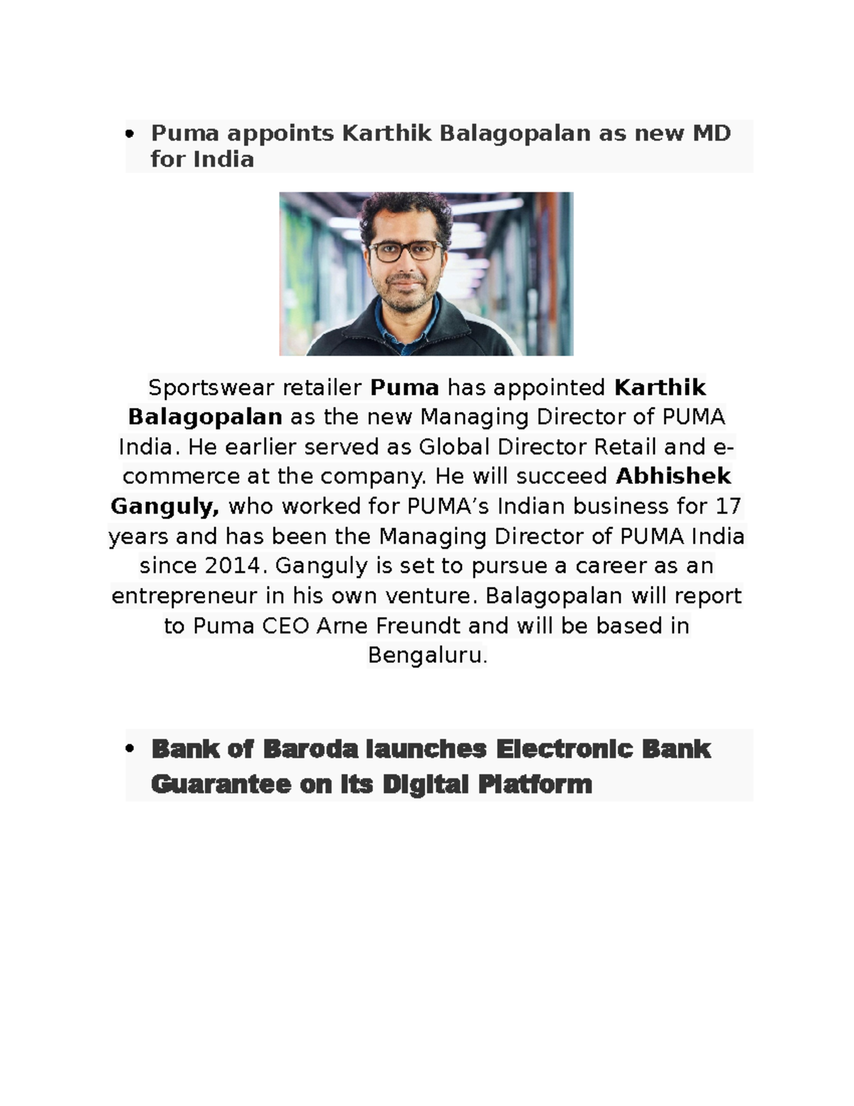 General Awareness - Puma appoints Karthik Balagopalan as new MD for ...