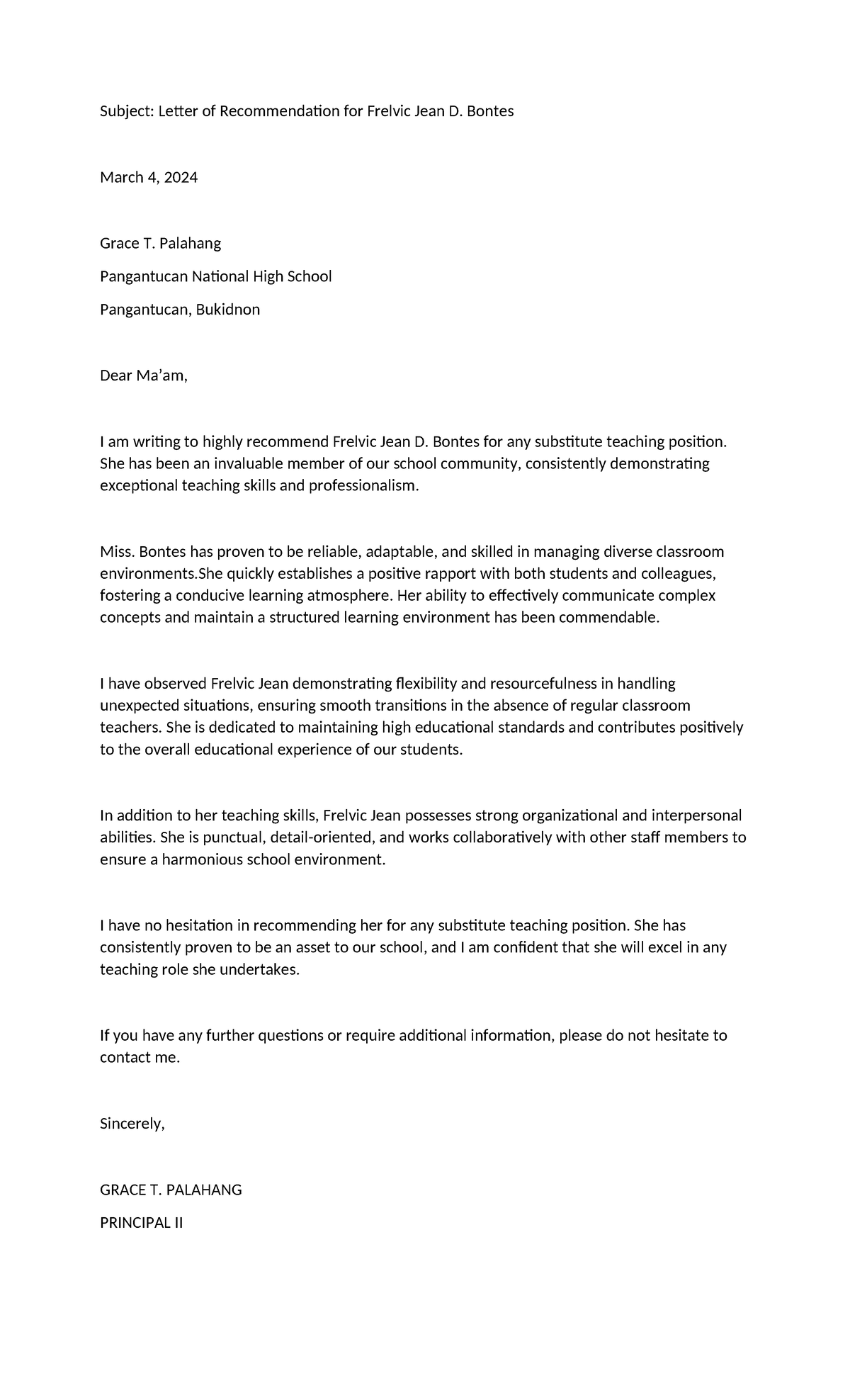 Recommendation - Notes - Subject: Letter of Recommendation for Frelvic ...