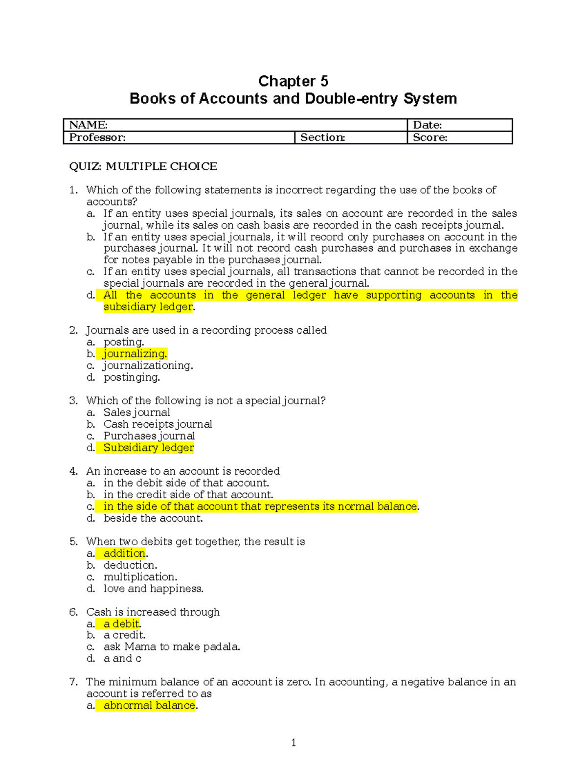 503405382 Quizzes chapter 5 books of Accounts Double Entry System ...