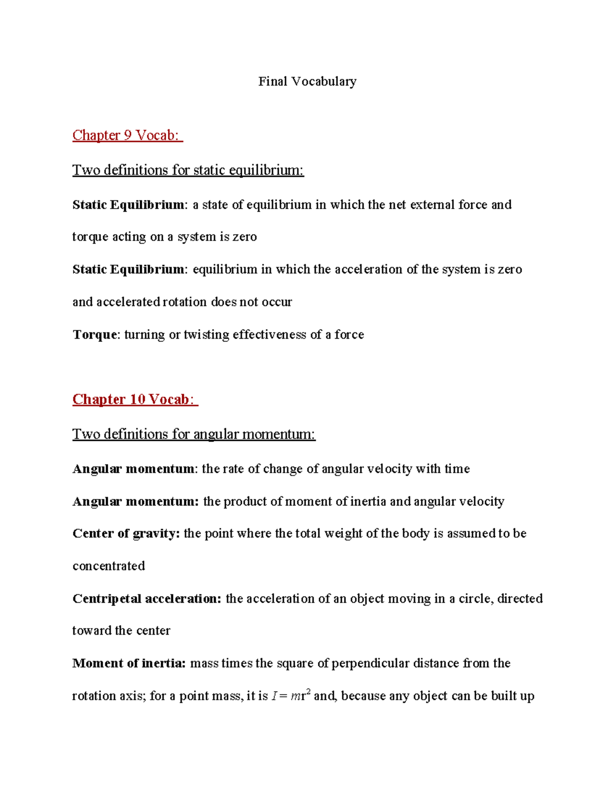 Physics Final Vocab - Final Vocabulary Chapter 9 Vocab: Two definitions ...