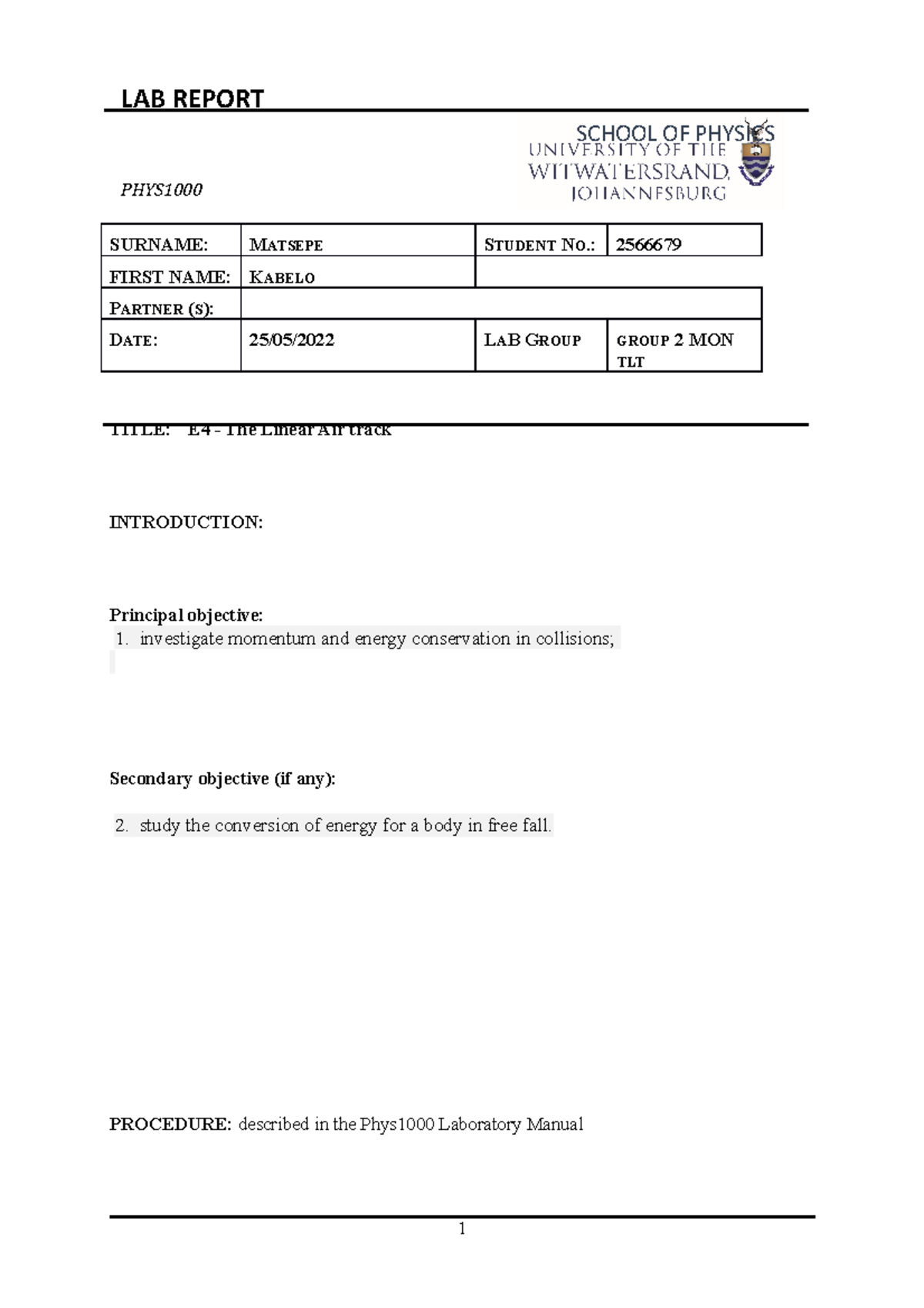 EXP04 - Linear Air Track - Lab Report Template - LAB REPORT SCHOOL OF ...